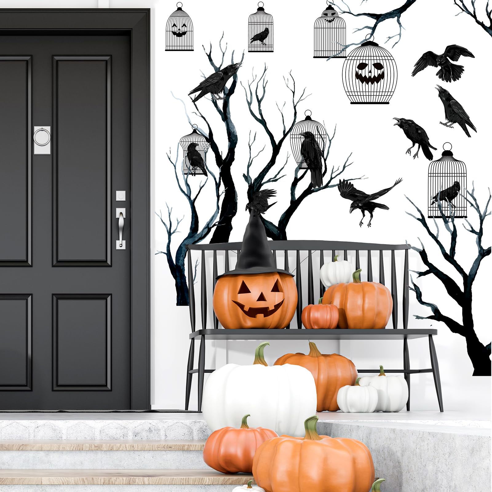 Seajan 4 Sheets Halloween Wall Decals Halloween Black Wall Stickers Black Tree Crow Cage Wall Decals Large Halloween Wall Decals Halloween Home Decor DIY Art for Wall Window Door (Birdcage, Crow)