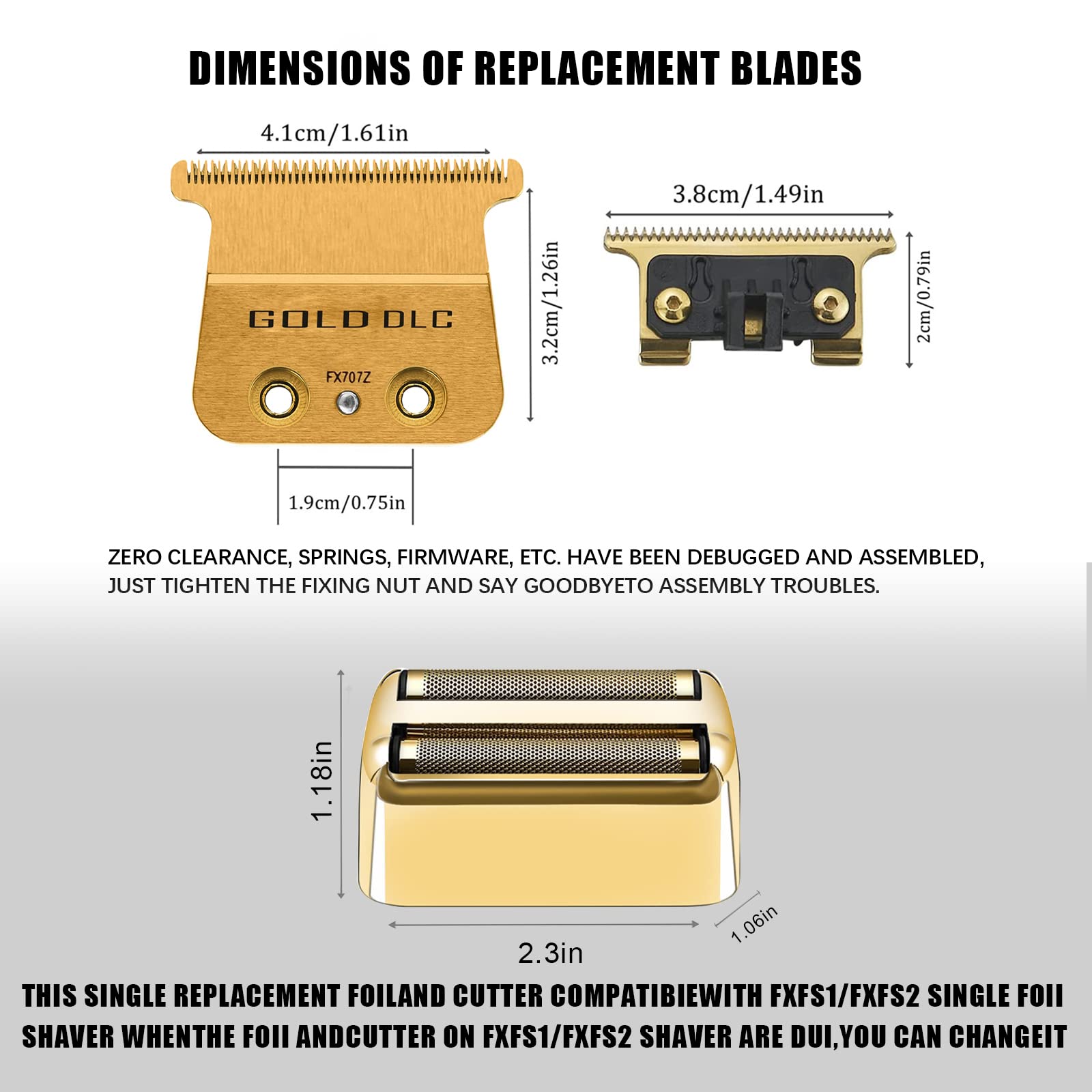 Shaver Replacement Foil and Cutters Compatible with FXFS2G & Replacement Blade for Outlining Hair Trimmers FX707Z DLC, Trimmer Blade Sets, Compatible with BaBylissPRO, Gold