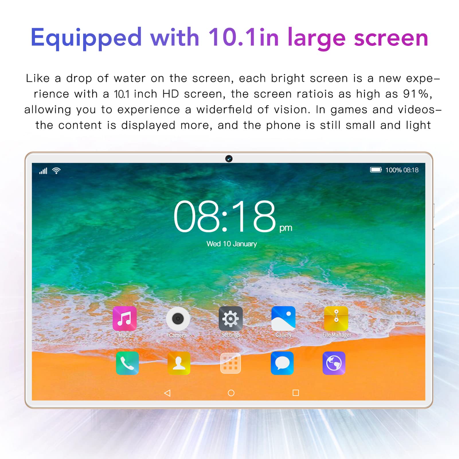 KIMISS 10.1in Tablet for Android 12 Gold 5G Calling 6GB 128GB 1960x1080 Resolution MT6592 10 Cores Tablet 100‑240V