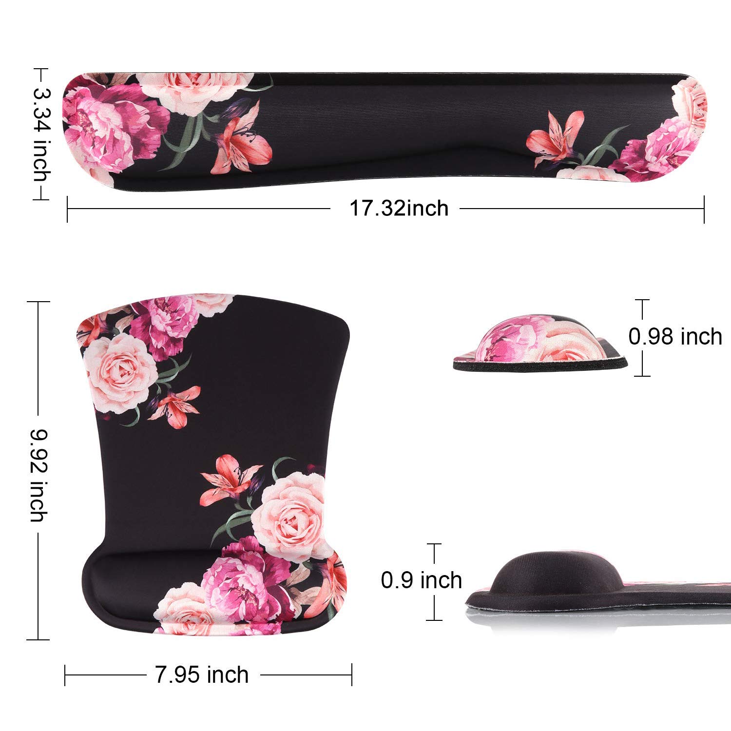 iLeadon Keyboard Wrist Rest Pad and Mouse Pad Wrist Support, Non Slip Rubber Base Mousepad Set, Mouse Wrist Rest with Ergonomic Raised Memory Foam for Easy Typing & Pain Relief, Adorable Peony Flower