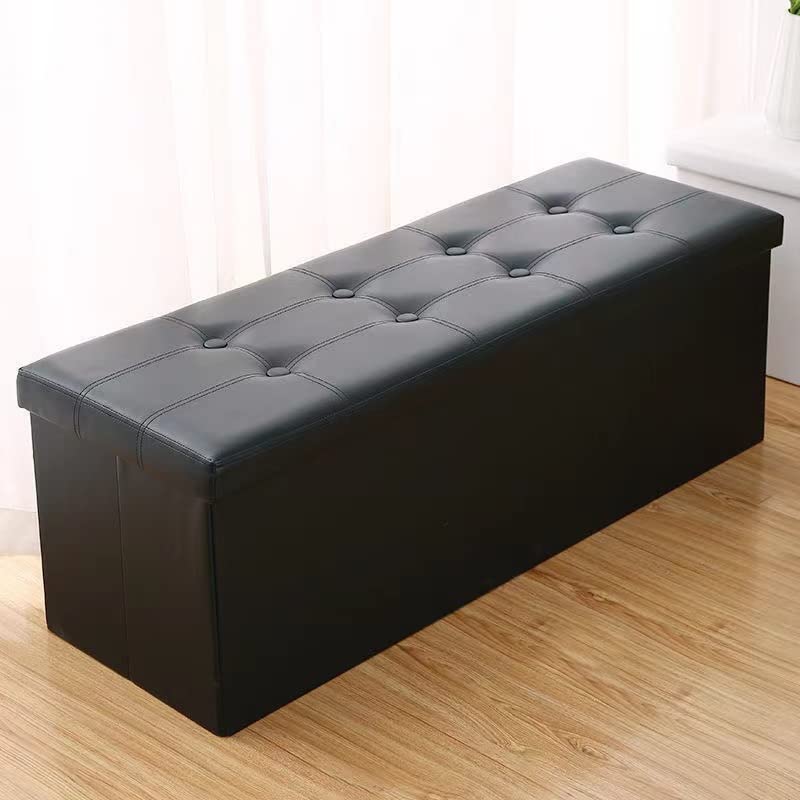 KEYWORD FAMILY 43 in Folding Leather Storage Ottoman Bench, Rectangular Black Footrest, Foam Pouf Tray Footstool with Storage, for Living Room, Bedroom& Hallway