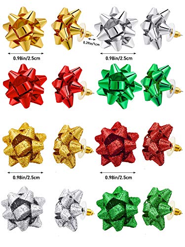 Hicarer 8 Pairs Christmas Bow Earrings Glitter Xmas Bow Stud Earrings Holiday Christmas Bow Multi Earring Set for Women