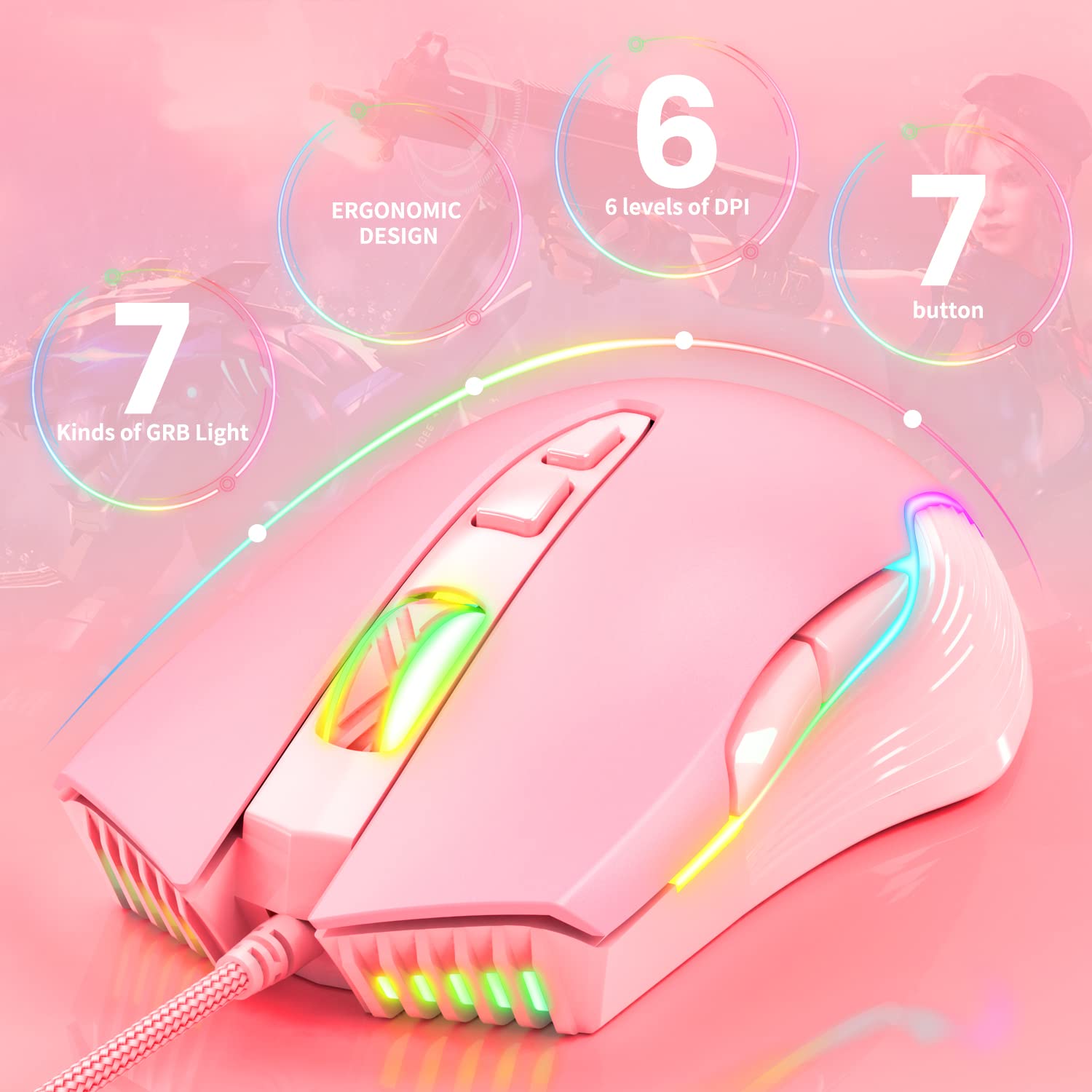 NEWSTYP Cute RGB 6400 DPI Wired Gaming Mouse Breathing LED Optical USB 7 Buttons Gamer Computer Pink Mice for Laptop PC Desktop (Black)