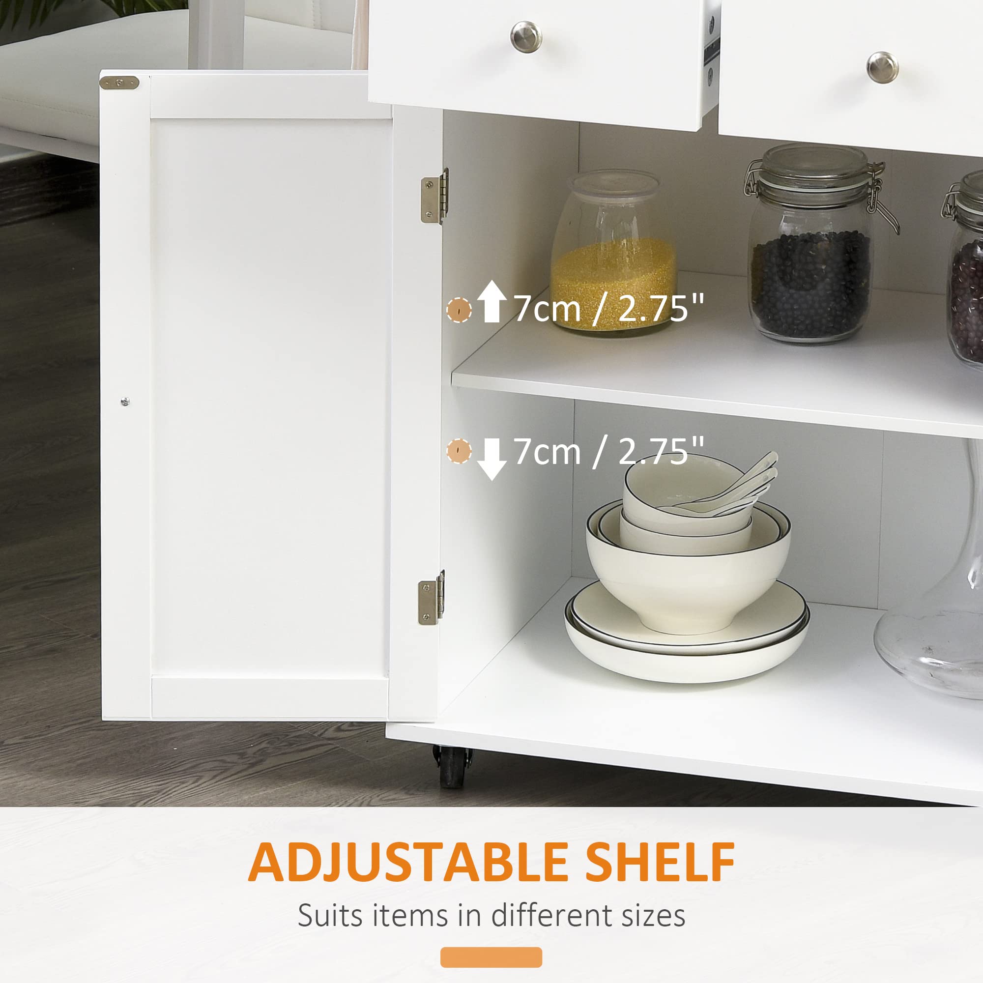 HOMCOM Rolling Kitchen Island Storage Trolley Cart with 3-Tier Spice Rack & Rubber Wood Top for Dining Room