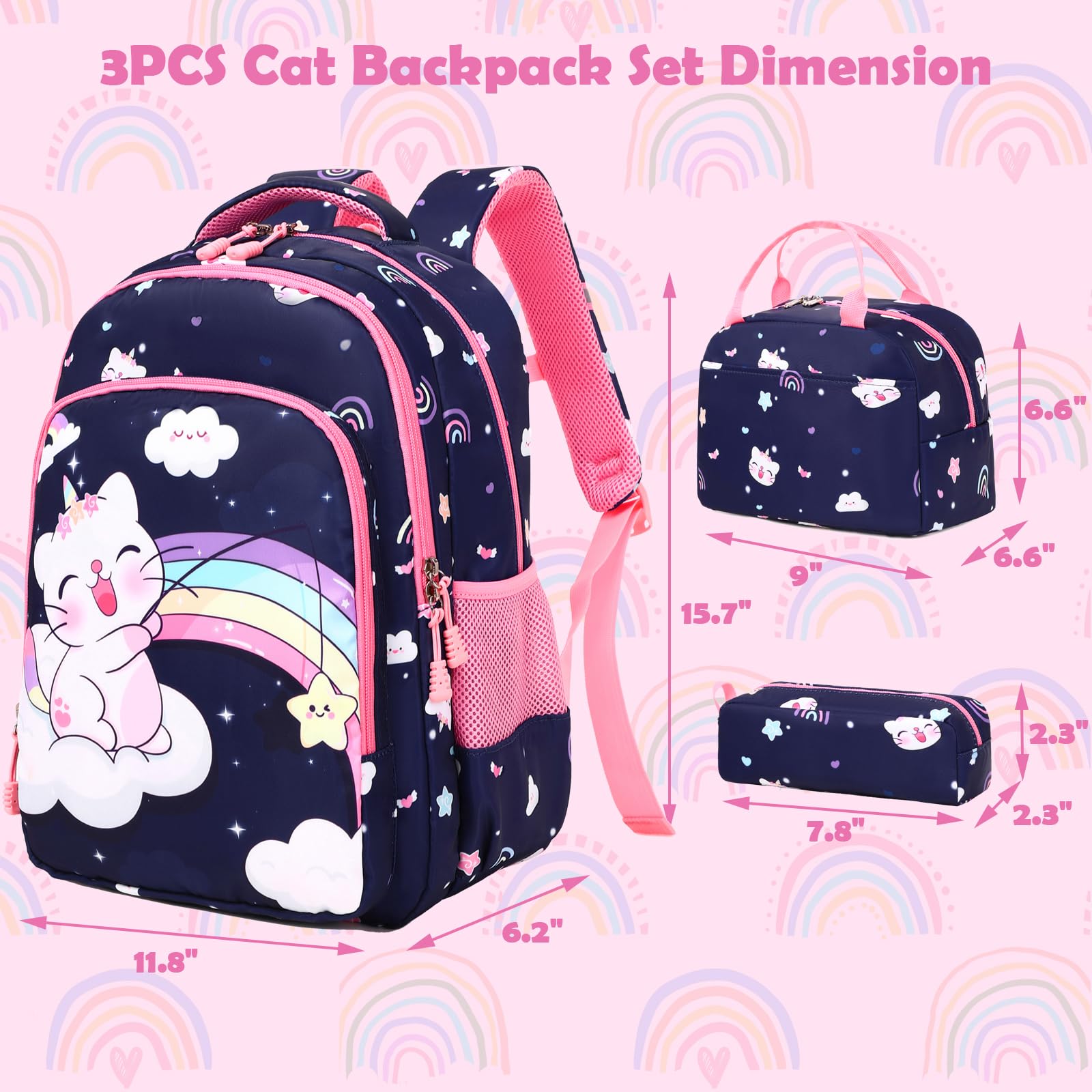 Kimwadalh Girls Backpack Set for School, Cute Rabbit School Backpack with Lunch Box Pencil Case & Chest Strap for Preschool Elementary
