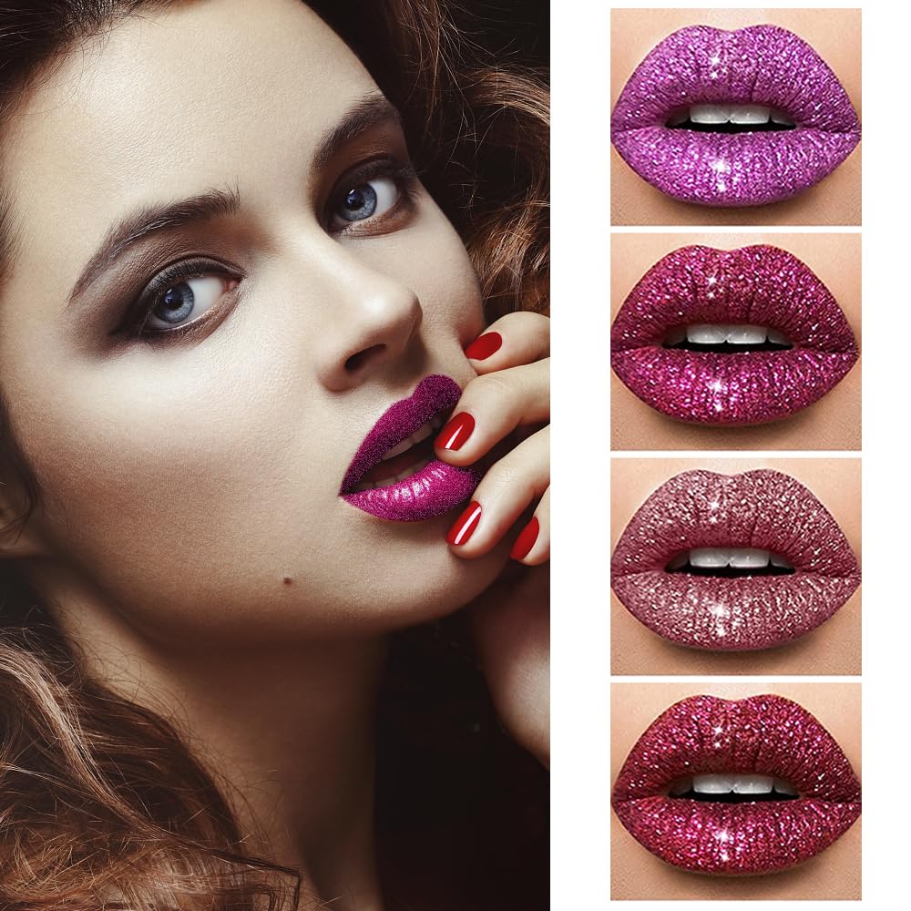 IYARKAI Glitter Lip Kit, 4 Colors Glitter Lip Kit Gloss, Metallic Shimmer Glitter Powder, With Lip Primer and Brush for Making Metallic Glitter for Lips and Nails