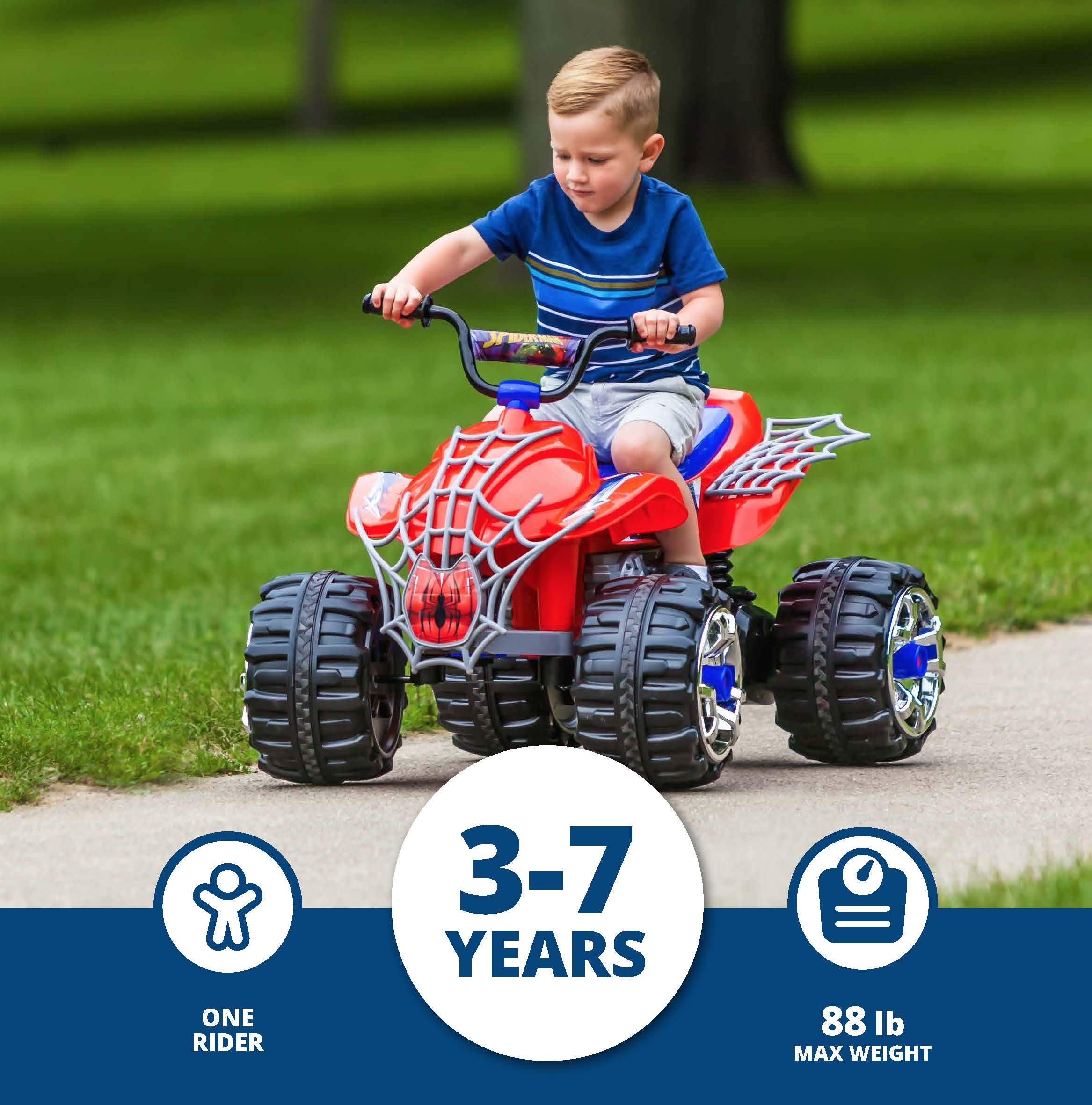 Kid Trax Marvel Spiderman Toddler ATV Ride On Toy, 12 Volt Battery, 3-7 Years, Max Rider Weight 88 lbs, Spider-Man Blue