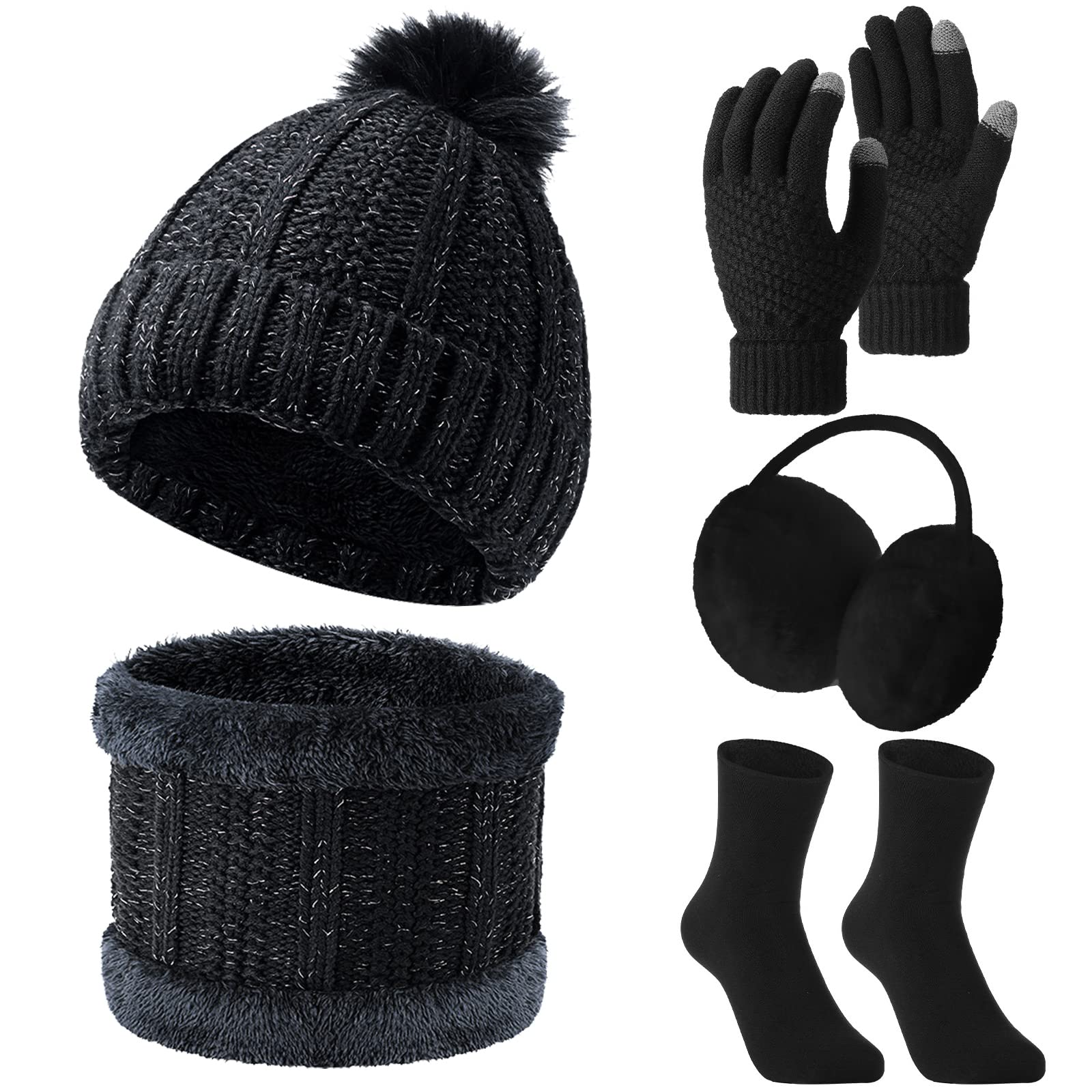 Hicarer 5 Pieces Women Ski Outing Set, Knit Winter Hat Scarf Gloves Earmuffs Stockings (Black, Classic Style)