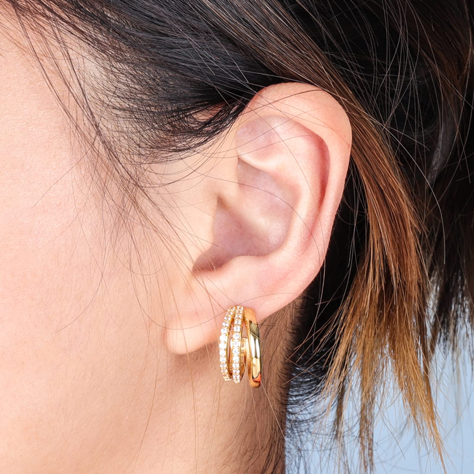 Joacii Gold Plated Cubic Zircon C-Hoop Earrings Lightweight Split Treble Hoop Huggie Stud Earrings for Women