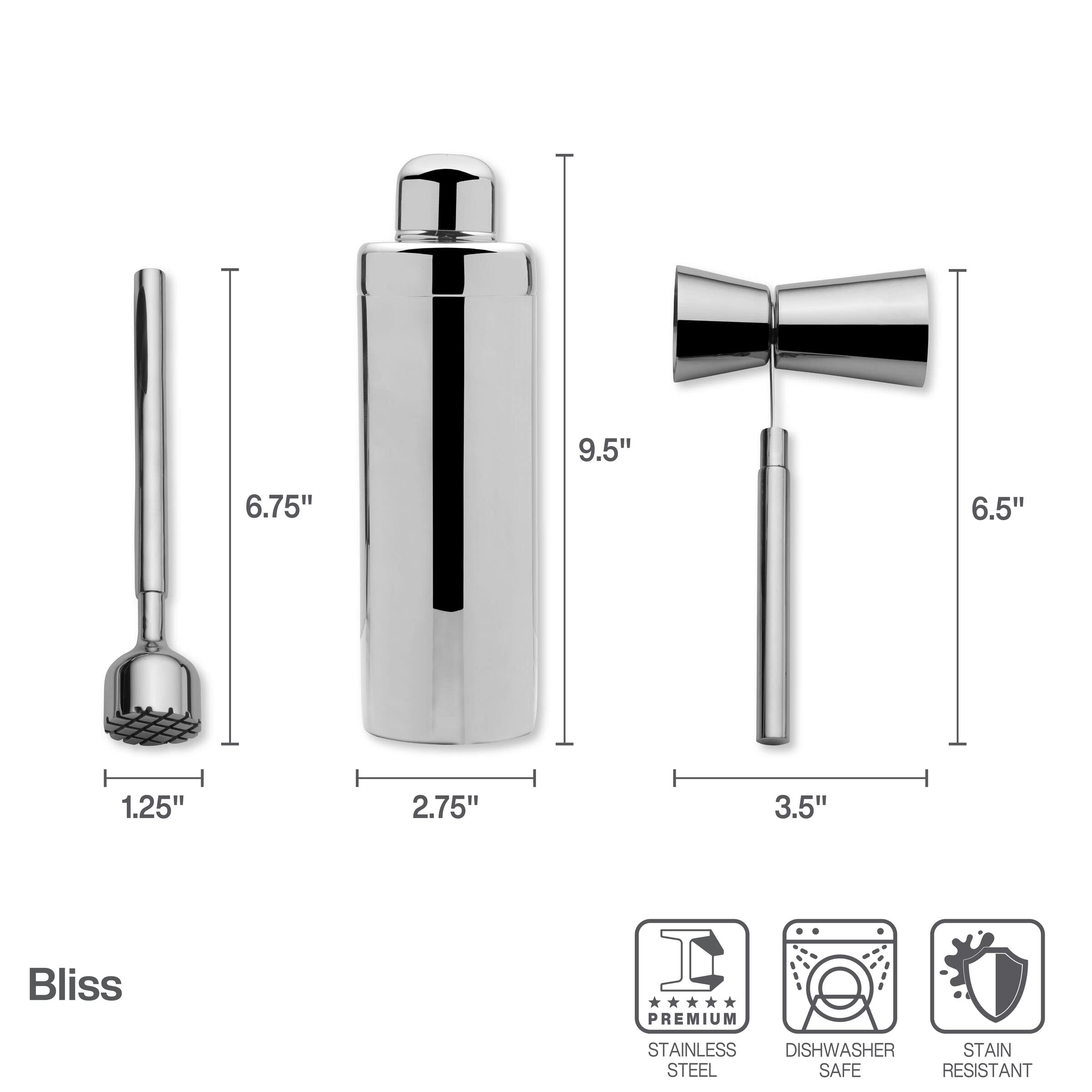 Mikasa Bliss Bar Tool Set with Wooden Stand, 8 Piece, Stainless Steel