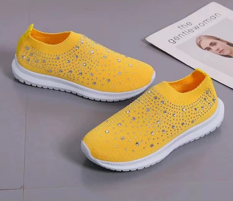 IMPREMEY Women's Sparkle and Shine Rhinestone Glitter Slip-on Mesh Walking Shoe with Non-Slip Sole Yellow