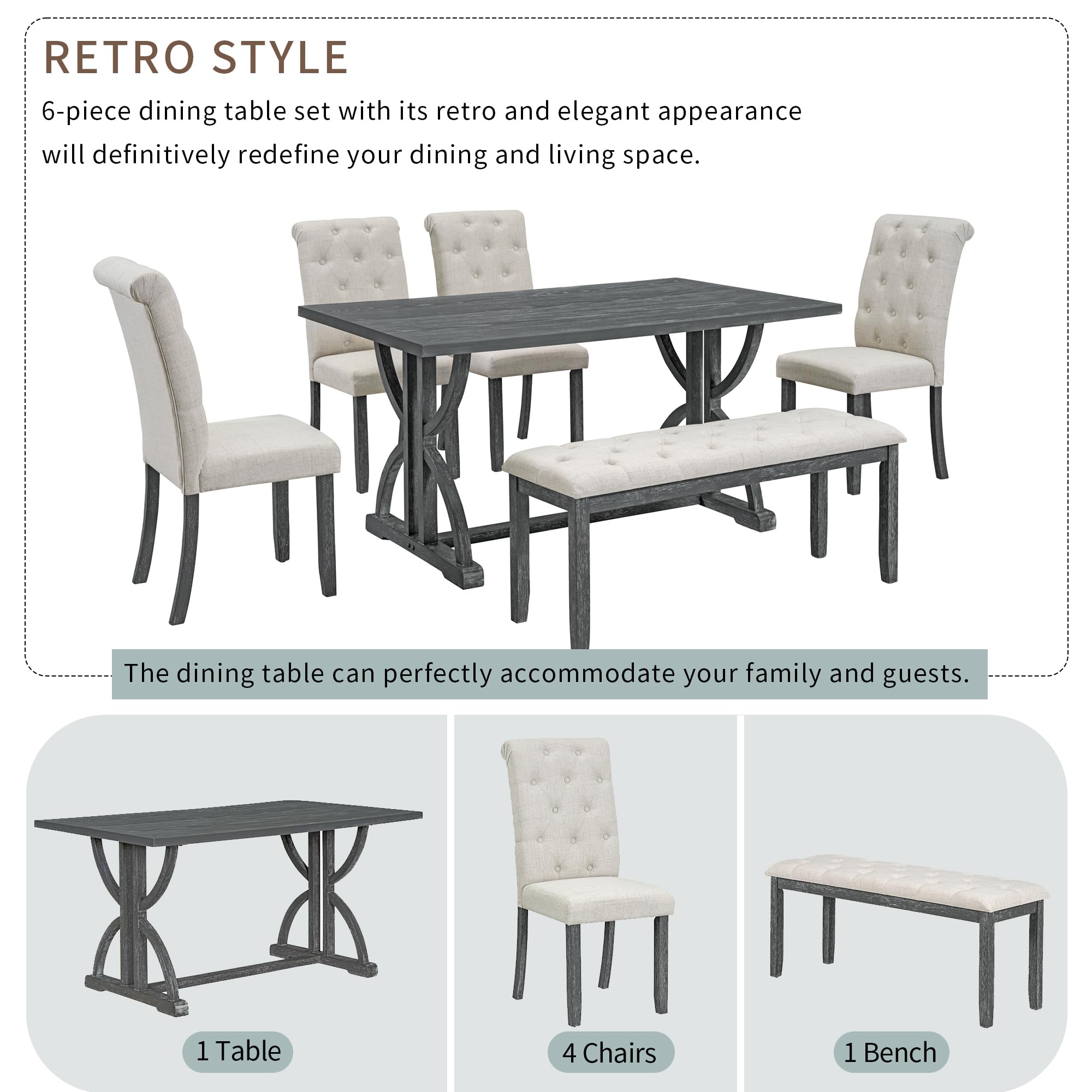 HomSof 6-Piece Retro Rectangular Dining Table Set, Table with Unique Legs and 4 Upholstered Chairs & 1 Bench for Dining Room and Kitchen, Gray Wash
