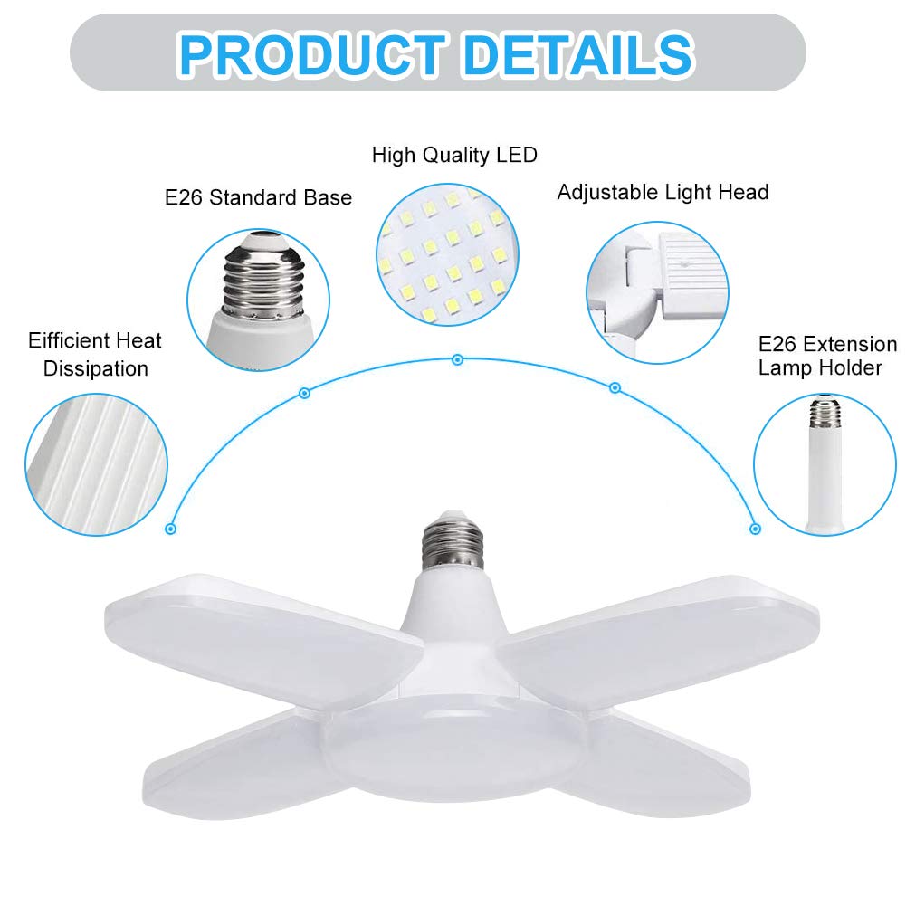 Hushtong LED Garage Lights, Deformable LED Garage Lights,Garage Light Bulb,4600K Garage LED Lamp,E26 Lamp Holders,46W LED Shop Lights for Garage,Workshop Bright Light with 4 Adjustable Panels