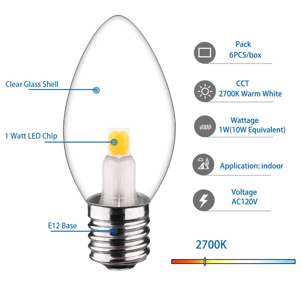 iSoptox 6 Pcs E12 C7 Led Night Light Bulb, Led C7 Bulbs 7 Watt 6W 5W 4W Incandescent Equivalent Replacement, Clear Candelabra Base Small Chandelier Light Bulbs 0.6W 50 Lumen 120V Soft White 2700K