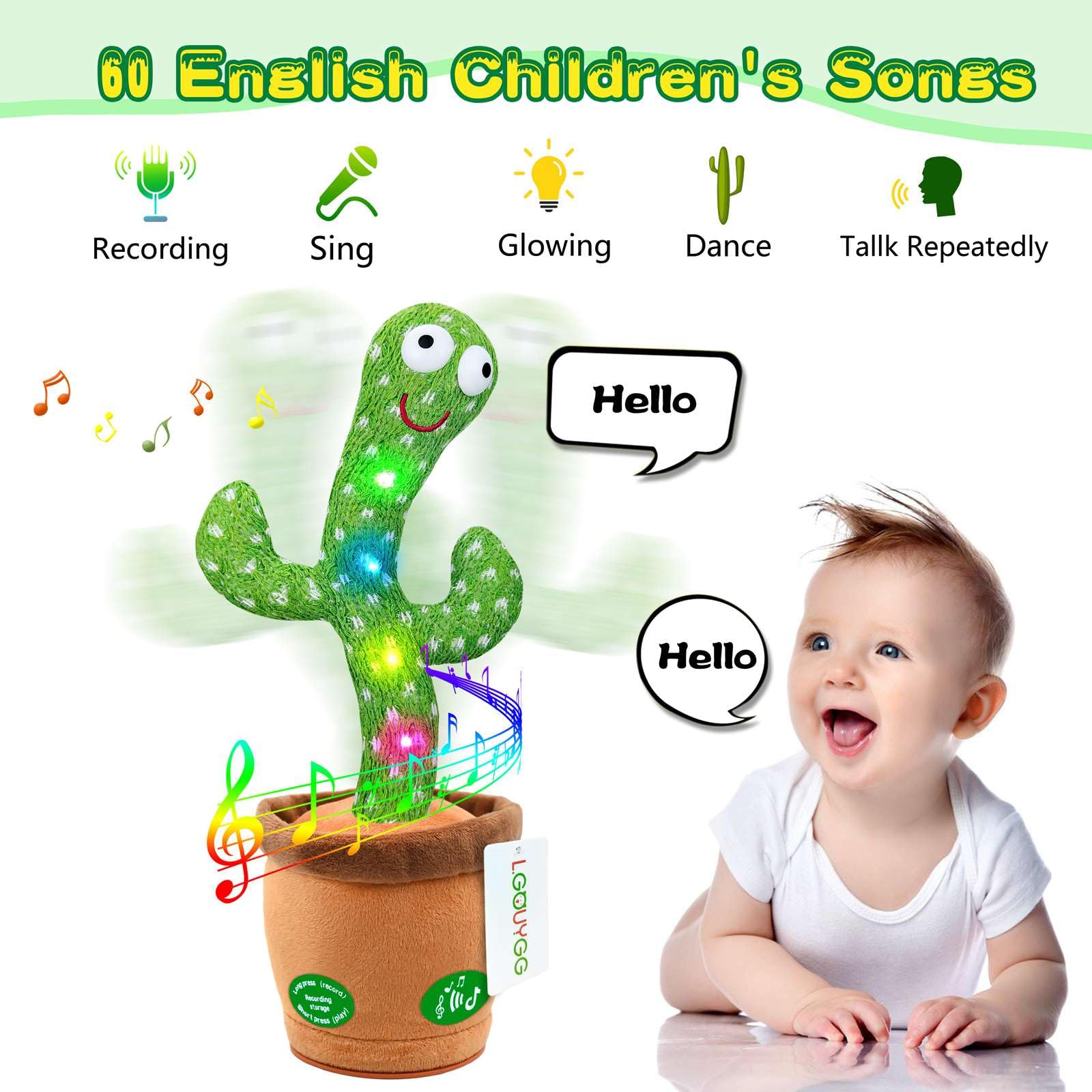 LGOUYGG Cactus Baby Tummy Time Toy, Singing Talking Mimicking with Light-Up Music, Interactive Gift for Infants and Toddlers
