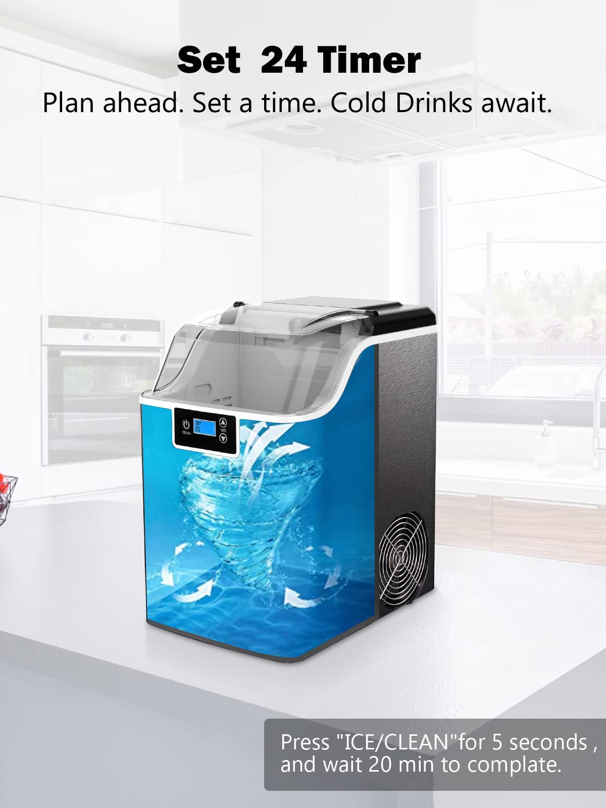 Kndko Nugget Ice Maker with Chewy Ice,High Ice-Making of 45lbs/Day/14,000pcs, Self-Cleaning,24-Hour Timer for Home Kitchen Bar Party,Bright Black Stainless Steel
