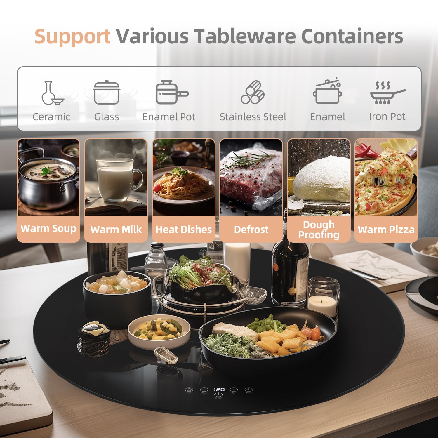 SOPINWAEH Electric Circle food Warming Tray,Auto-Turntable 360°Rotation, Food Warmer for House Parties, Chafing Dishes for buffet,9 Temp Settings, Heating Food 24in