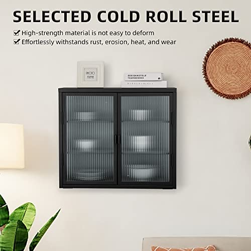 HomSof Haze Double Glass Door Wall Cabinet with Detachable Shelves for Office, Dining Room,Living Room, Kitchen and Bathroom, Black