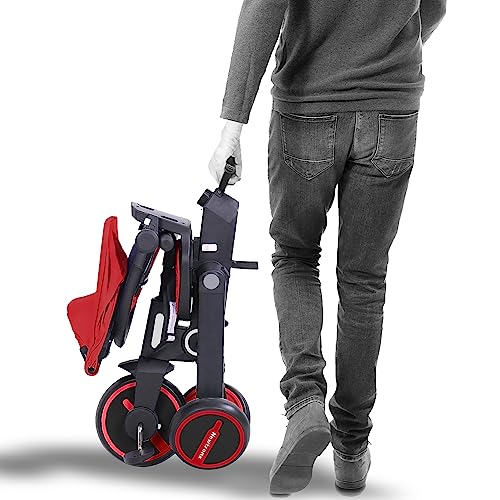 Newtronx Trixplorer-7 in 1 Foldable Toddler Tricycle Removable Push Handle, Rotatable Seat, Adjustable Canopy, Safety Harness, Storage, Basket-Tricycle for Toddlers for 1-5 Year Old (Red Heart)