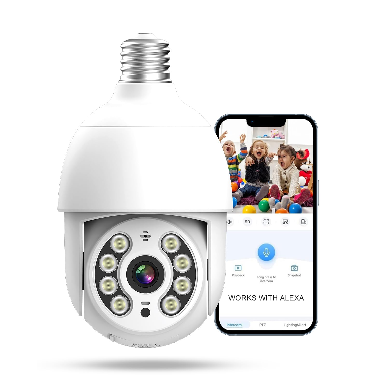 Hicvers Light Bulb Camera, 360° Panoramic Camera with 2 MP HD Picture Quality, with Clear Night Vision, 2-Way Audio, Motion Detection, Alarm Function, Compatible with Alexa, for Indoor and Outdoor