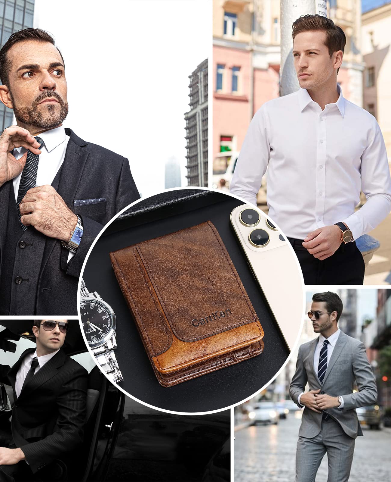 Mens Leather Wallet Front Pocket Bifold RFID Blocking Wallet With ID Window Packed in Stylish Gift Box for Gift (Stripe Coffee)