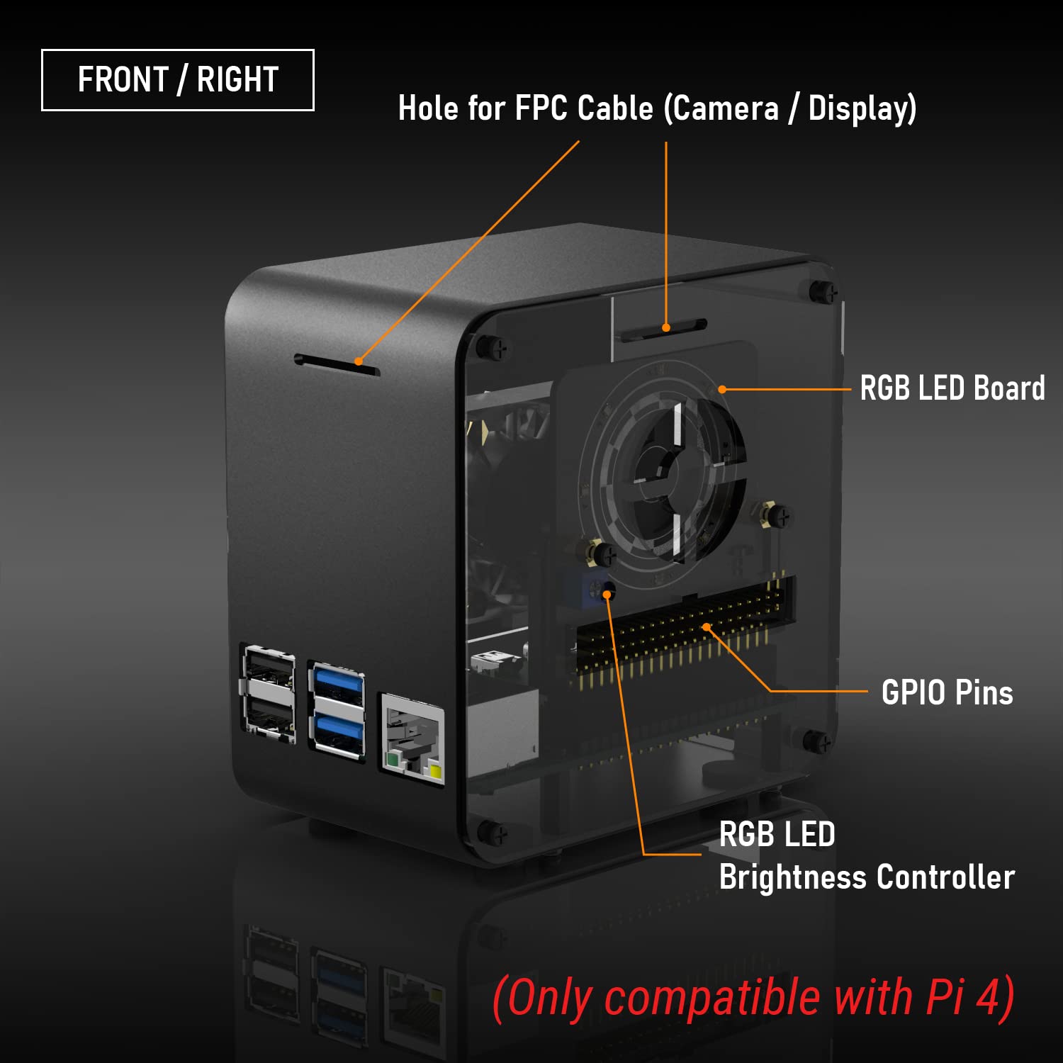 Raspberry Pi 4B (4GB) Board with Mini Tower Aluminum Case, Cooling Fan and Color Changing Ambient Light (Matte Black)