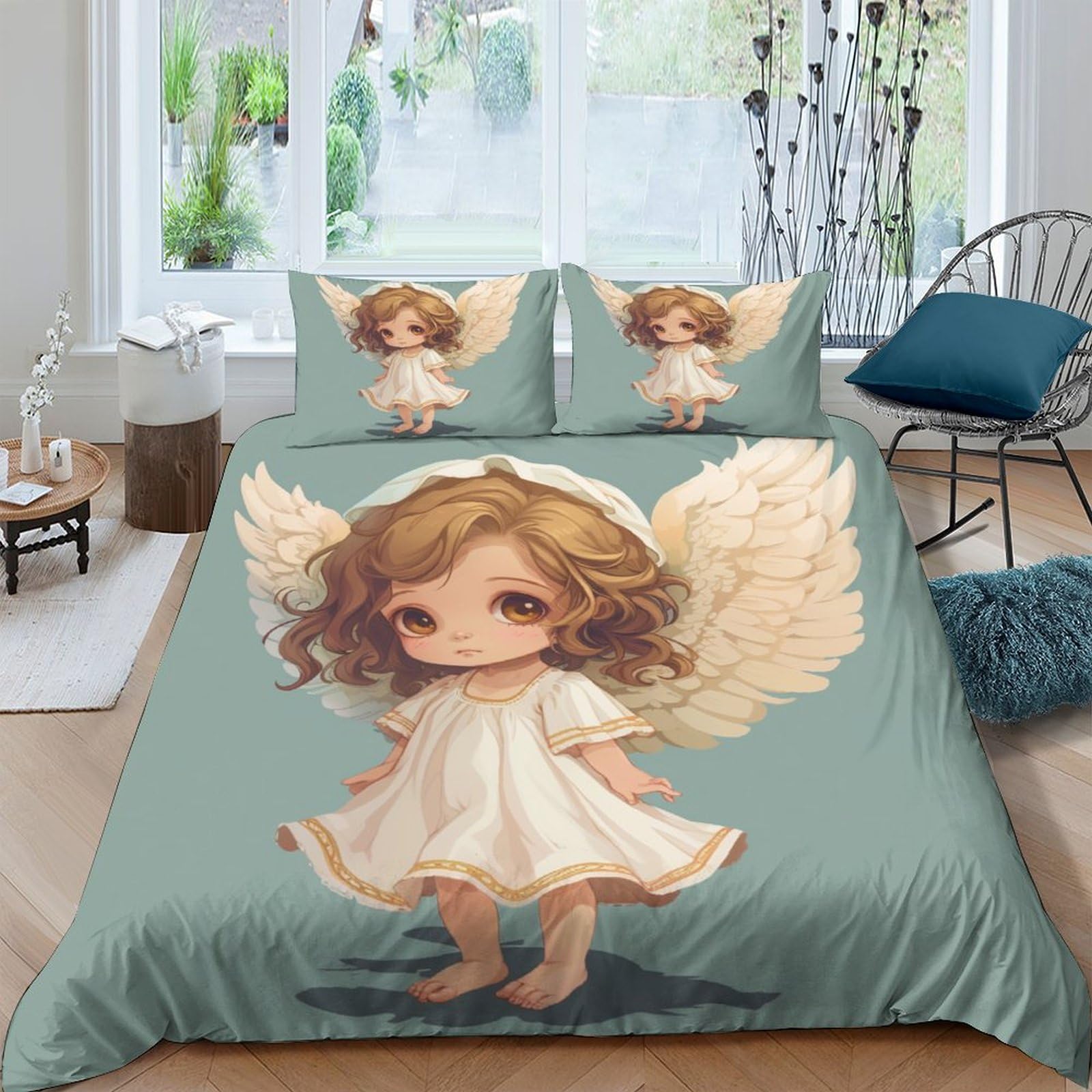 SorEci Angel with Wings Comforter Covers 3D Printed Cute Style Duvet Cover Quilt Cover Bedding Set Microfiber for Childrens and Adults with Pillowcases 3 Pieces with Zipper Closure Queen(228x228cm)