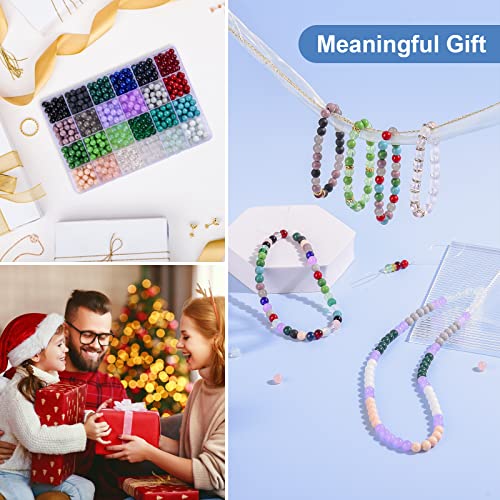 UNIAYSENG 600PCS Round Glass Beads for Jewelry Making, 24 Color DIY Gemstone Crystal Beads Bracelet Making Kit Healing Chakra Beads,8mm Loose Beads Crystal Spacers for Friendship Bracelet