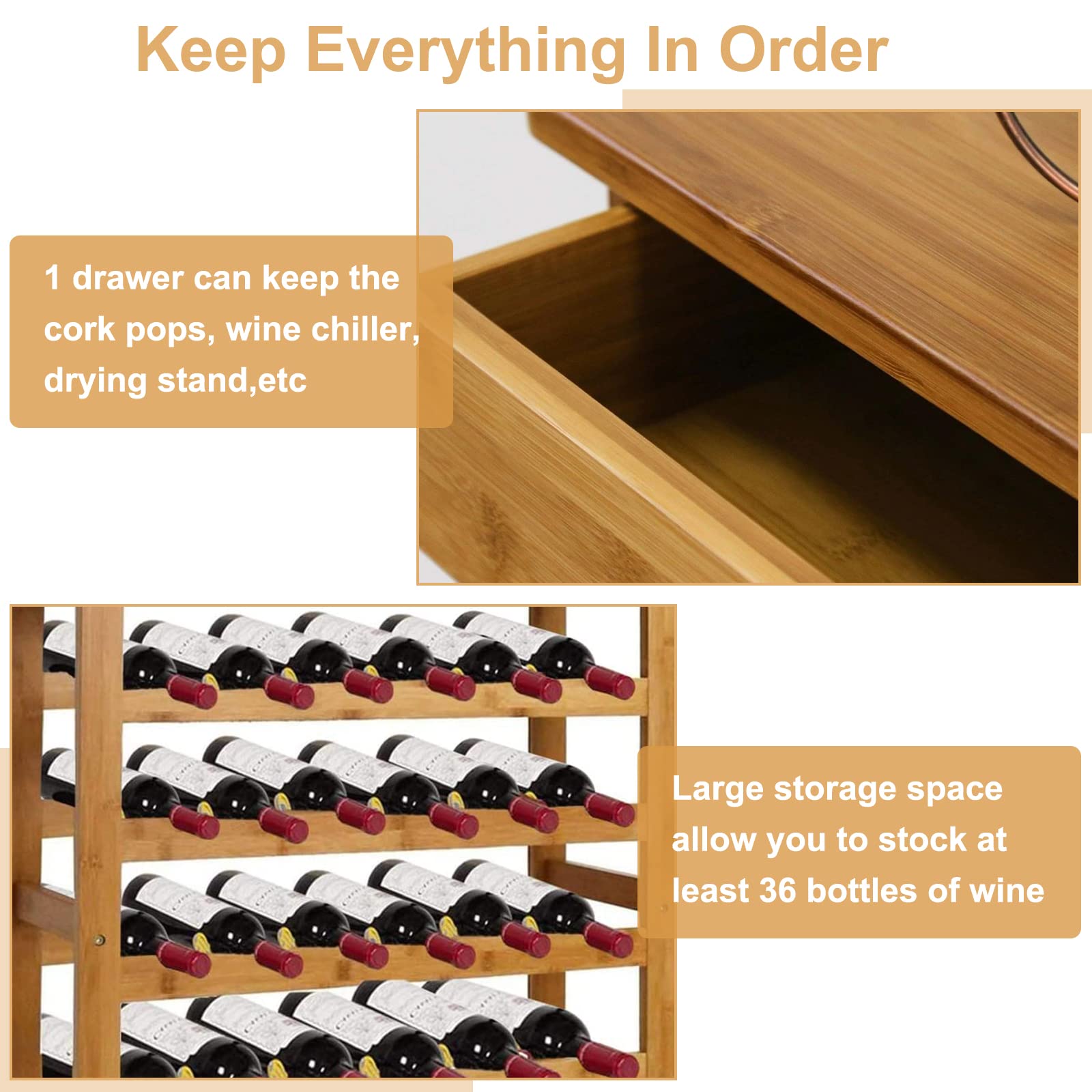 J-SUN-7 7-Tiers Bamboo Freestanding Wine Racks - Storage Shelves for Display 28 Bottles of Wine Containers