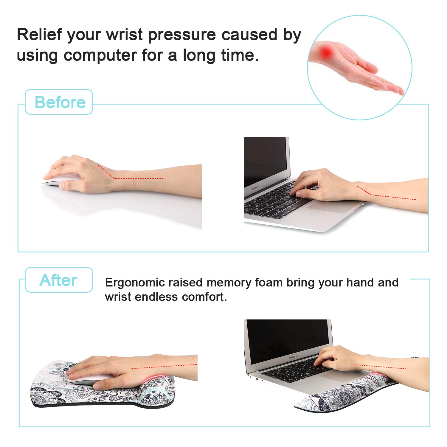 iLeadon Keyboard Wrist Rest Pad and Mouse Pad Wrist Support, Non Slip Rubber Base Mousepad Set, Wrist Support with Ergonomic Raised Memory Foam for Easy Typing & Pain Relief, Mandala Flowers