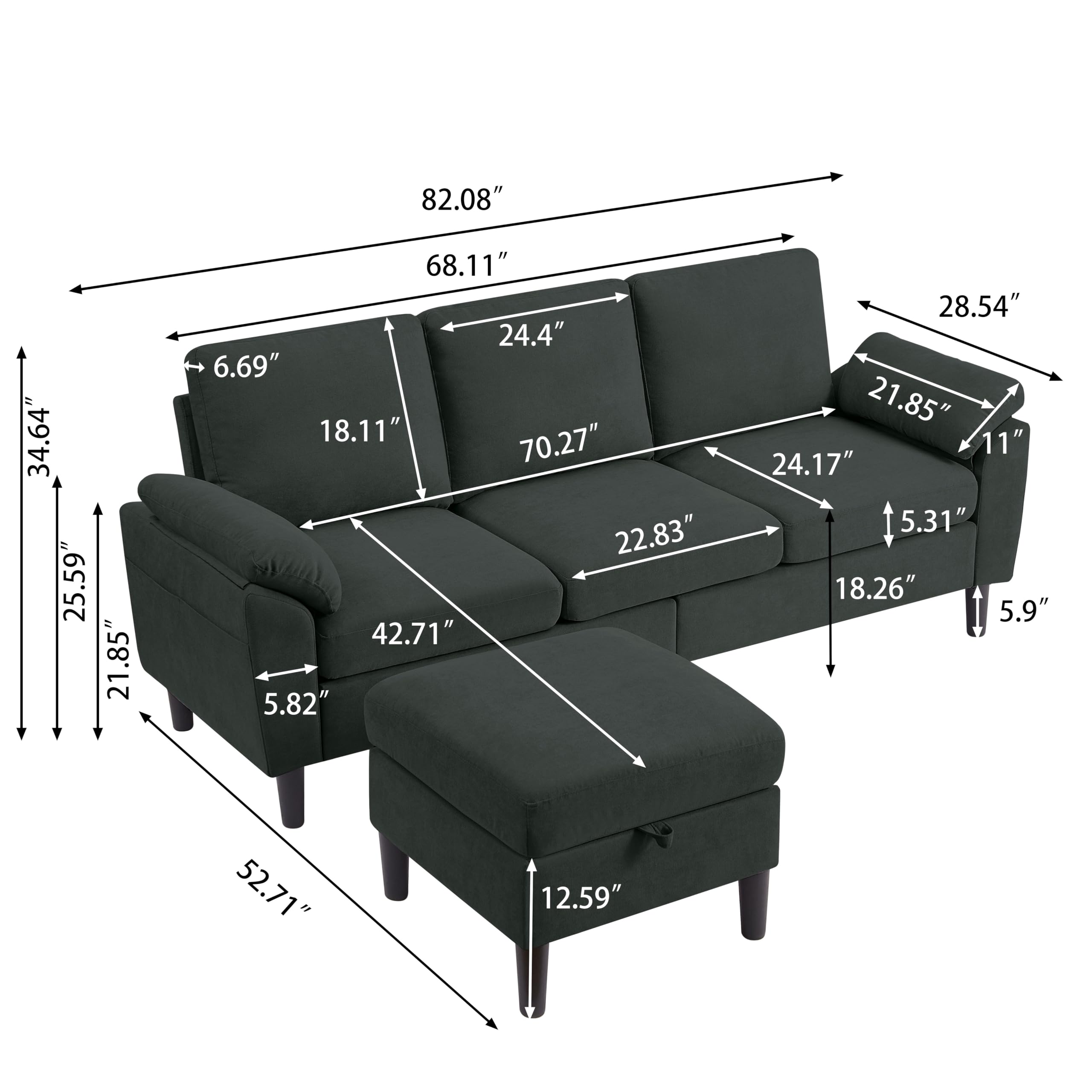 Soscana Sectional Sofa,82" L Shaped 3 Seater Couch with Movable Ottoman Armrest Pillow Polyster Fabre for Small Spaces, Beige