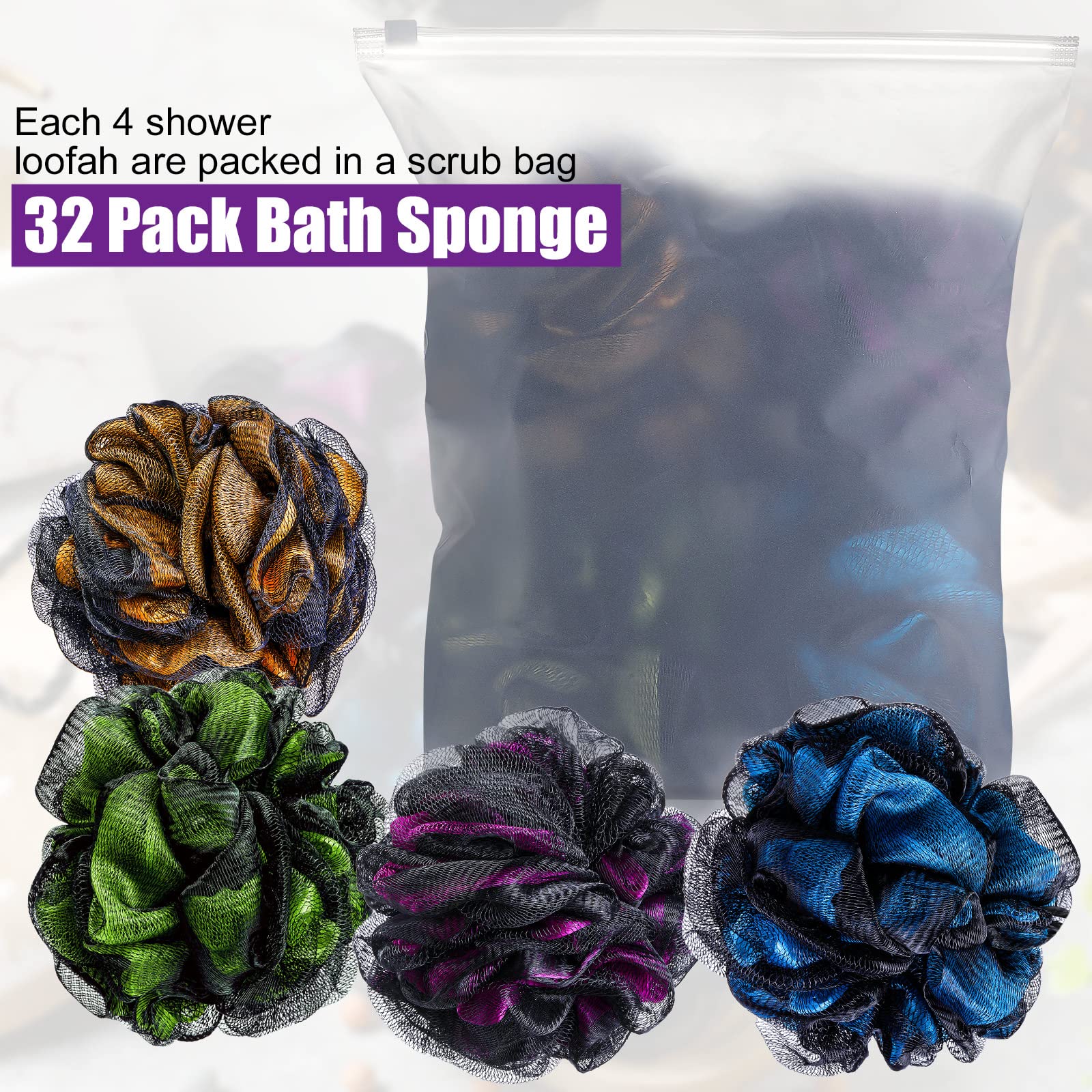 Shellwei 32 Pcs Bath Sponge Shower Loofahs Bulk 60 g Charcoal Body Shower Sponge Large Mesh Puff Soft Scrubber for Men and Women Exfoliating Shower Pouf Balls with Bathing Accessories (Fresh Color)
