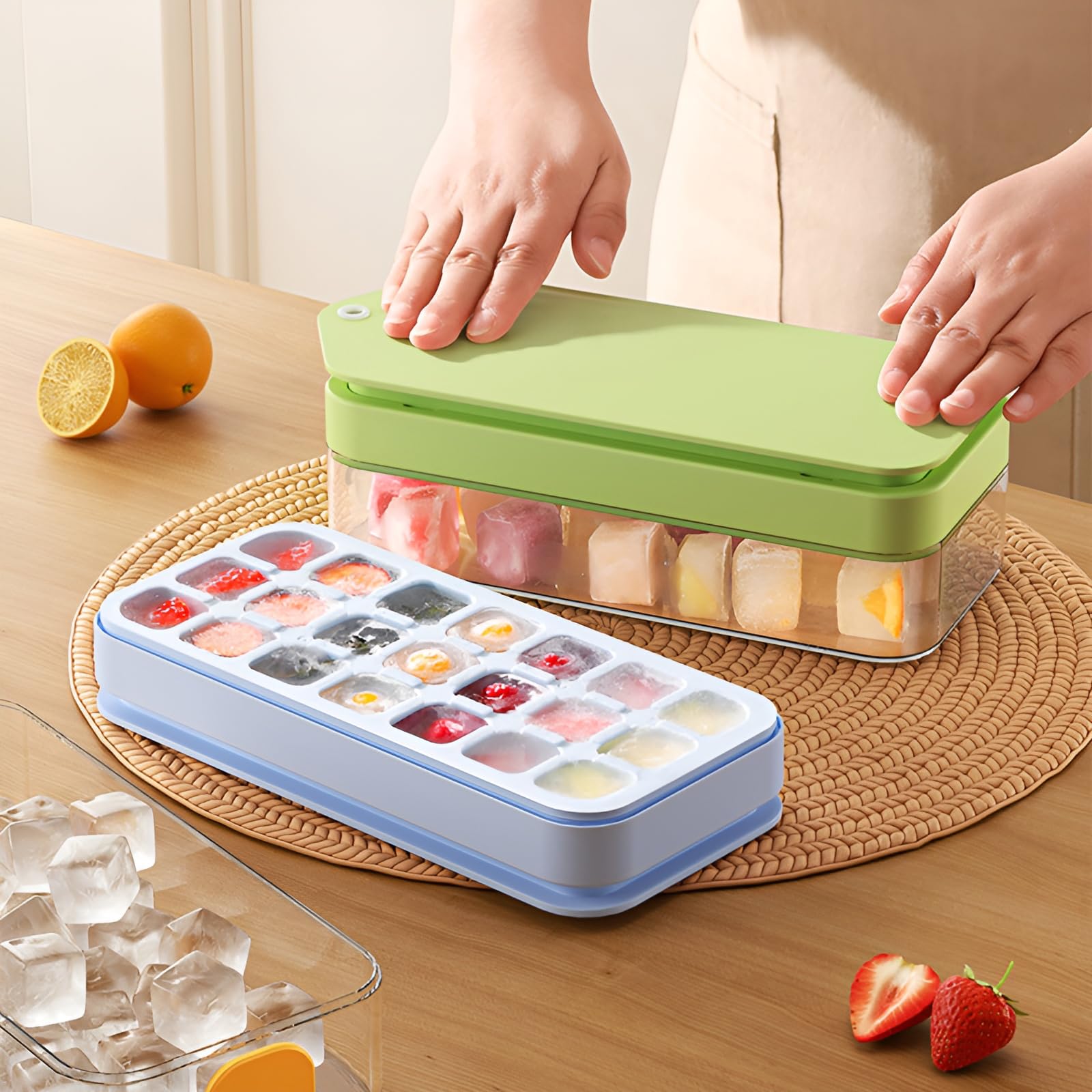 LYDTICK Ice Cube Tray with Lid and Bin, 21 Pcs Ice Cubes Mold for Freezer Easy Release, Quick Filling Without Touching, Green