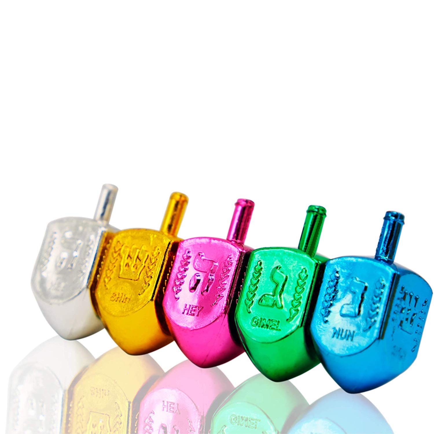 Hanukkah Dreidels Plastic Multicolored Metallic Dreidels with Foil Embossed Hebrew Letters & English Transliteration (5-Pack)