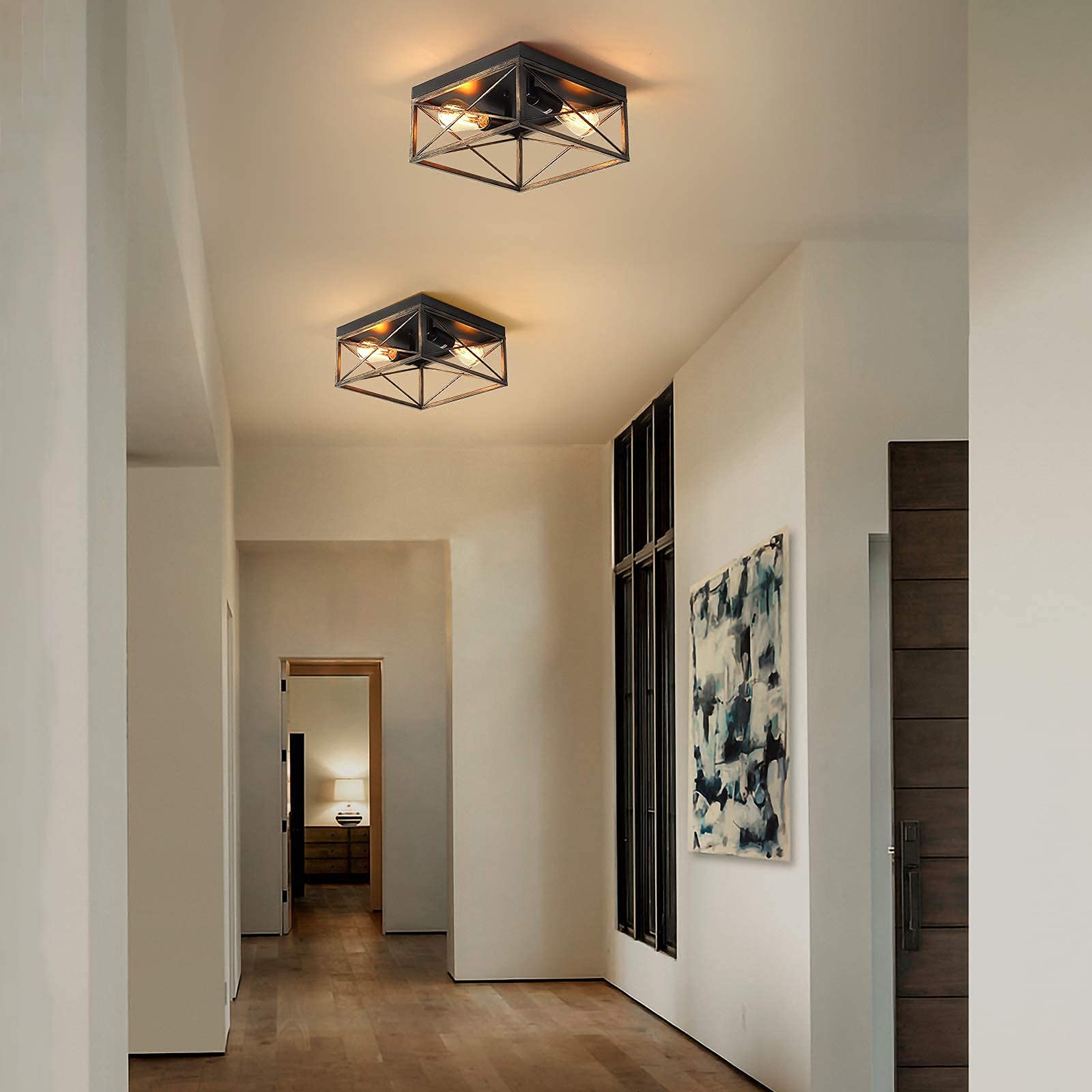 KDG Flush Mount Industrial Ceiling Light ,Adjustable,with Square Metal Cage Shade Ceiling Lighting for Entry Hallway Bedroom Bathroom.2 Lights,Faux Wood Finish