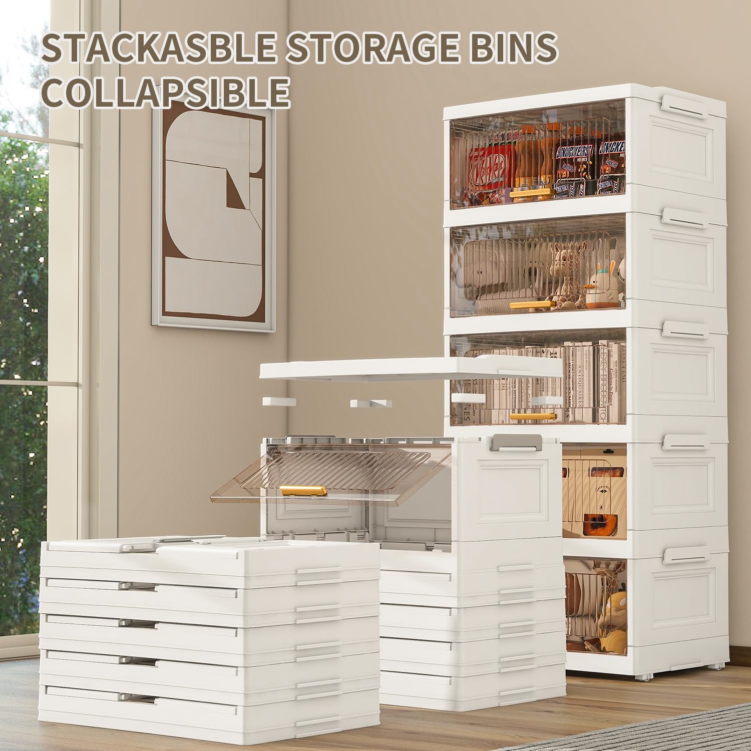Storage Bins with Lid, 55 Quart Collapsible Storage Bins With Wheels, 6 Packs Plastic Storage Bins with Drawers, Large Closet Organizers and Storage, Stackable Storage Bins for Closet,Dorm