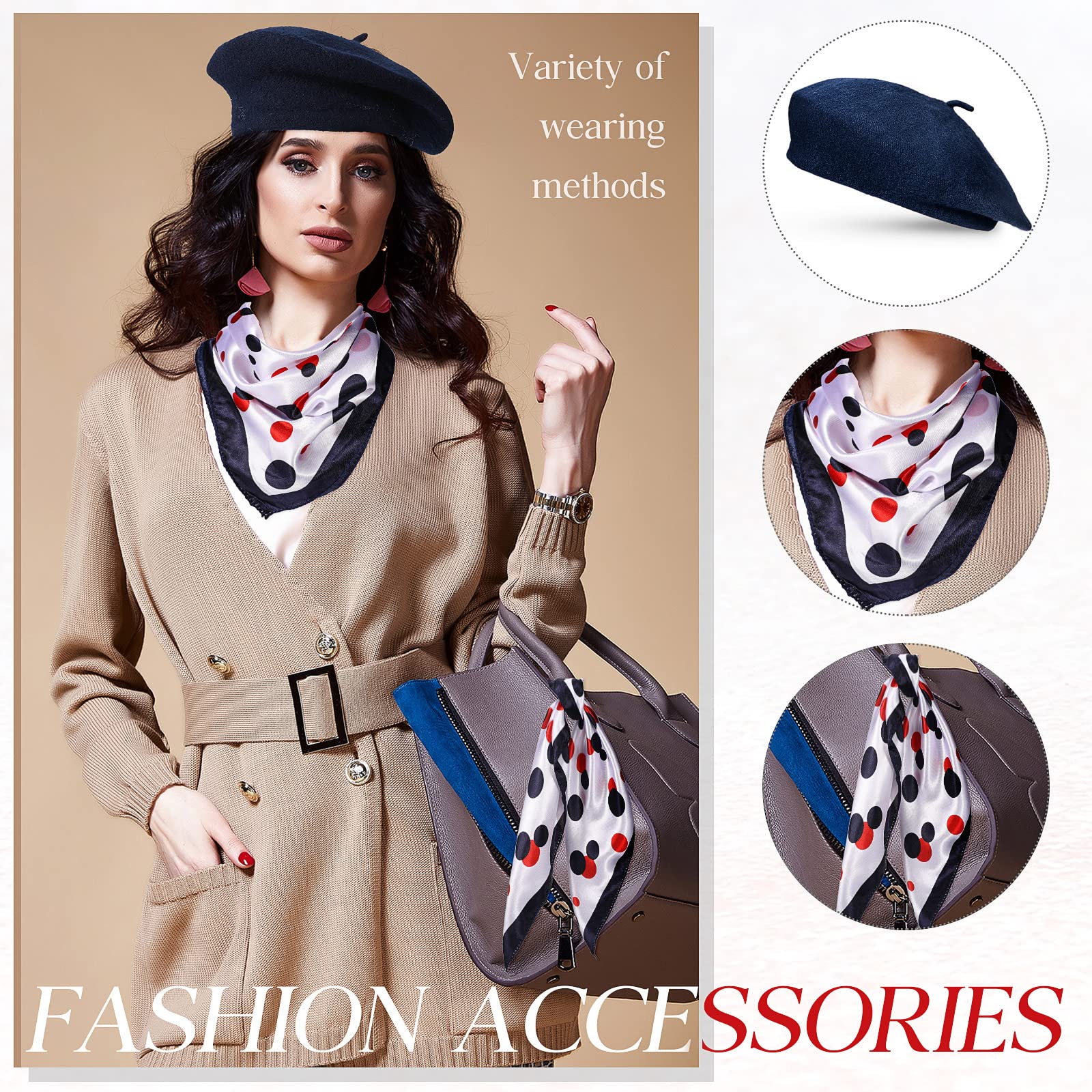 Laumoi 16 Pieces Wool Beret Hat French Style Artist Beanie Beret with Silky Scarf Set for Women, One Size