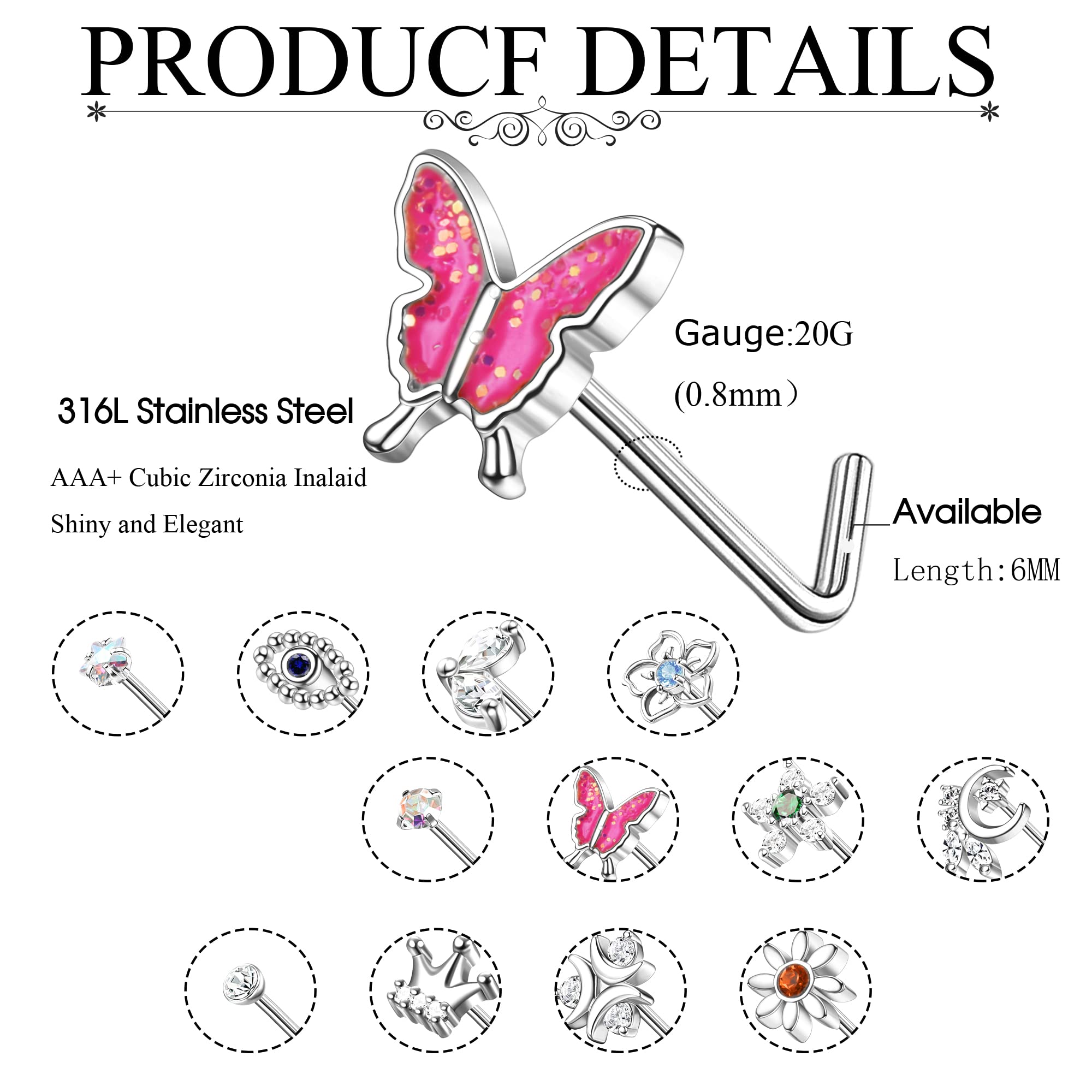 JOERICA 12 Pcs 20G Nose Ring Stud 316L Stainless Steel L Bone Shaped Nose Studs Butterfly Evil Eye Flower CZ Nose Stud for Women Men Nose Piercing Jewelry
