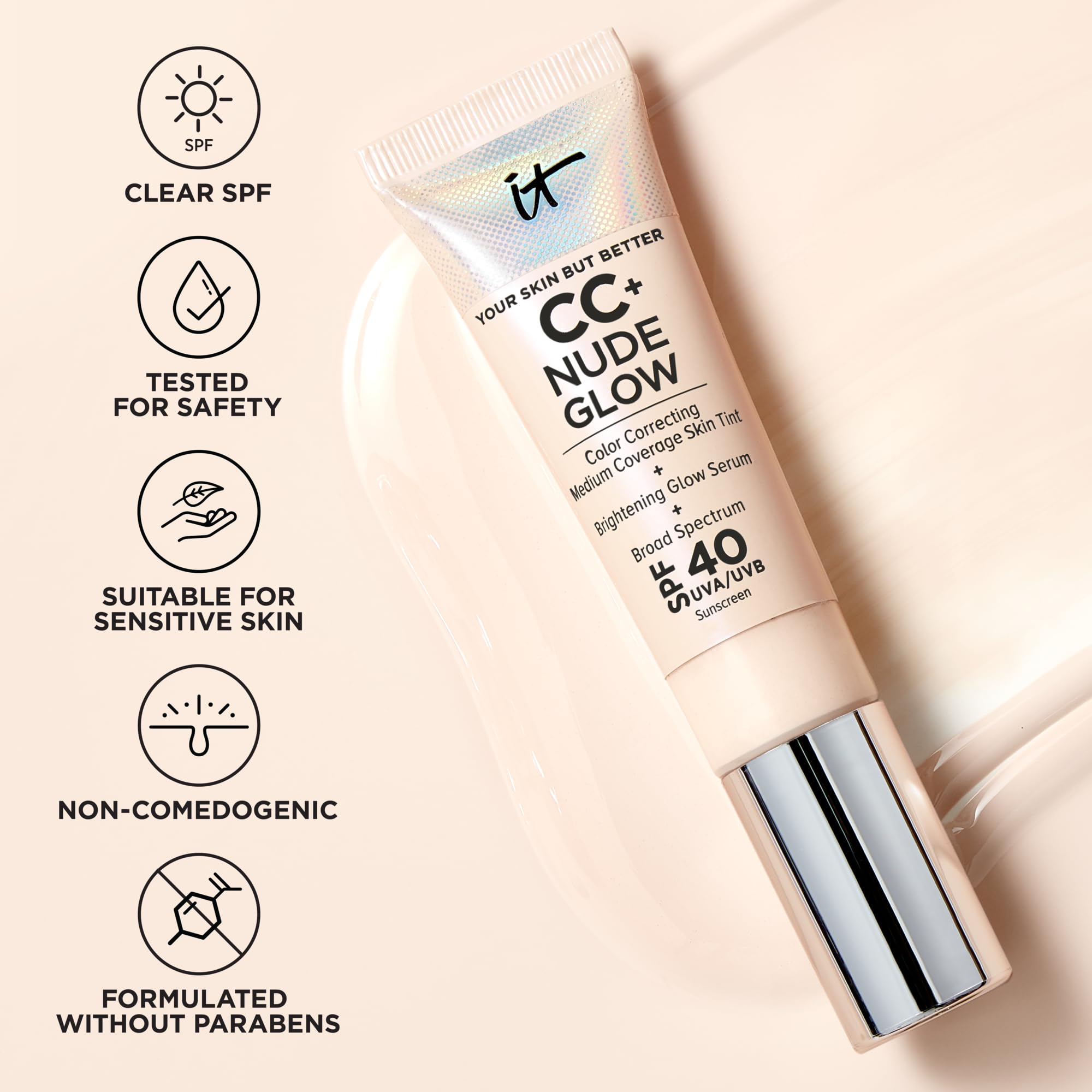 IT Cosmetics CC+ Nude Glow Lightweight Foundation + Glow Serum with SPF 40 - With Niacinamide, Hyaluronic Acid & Green Tea Extract - 1.08 fl oz