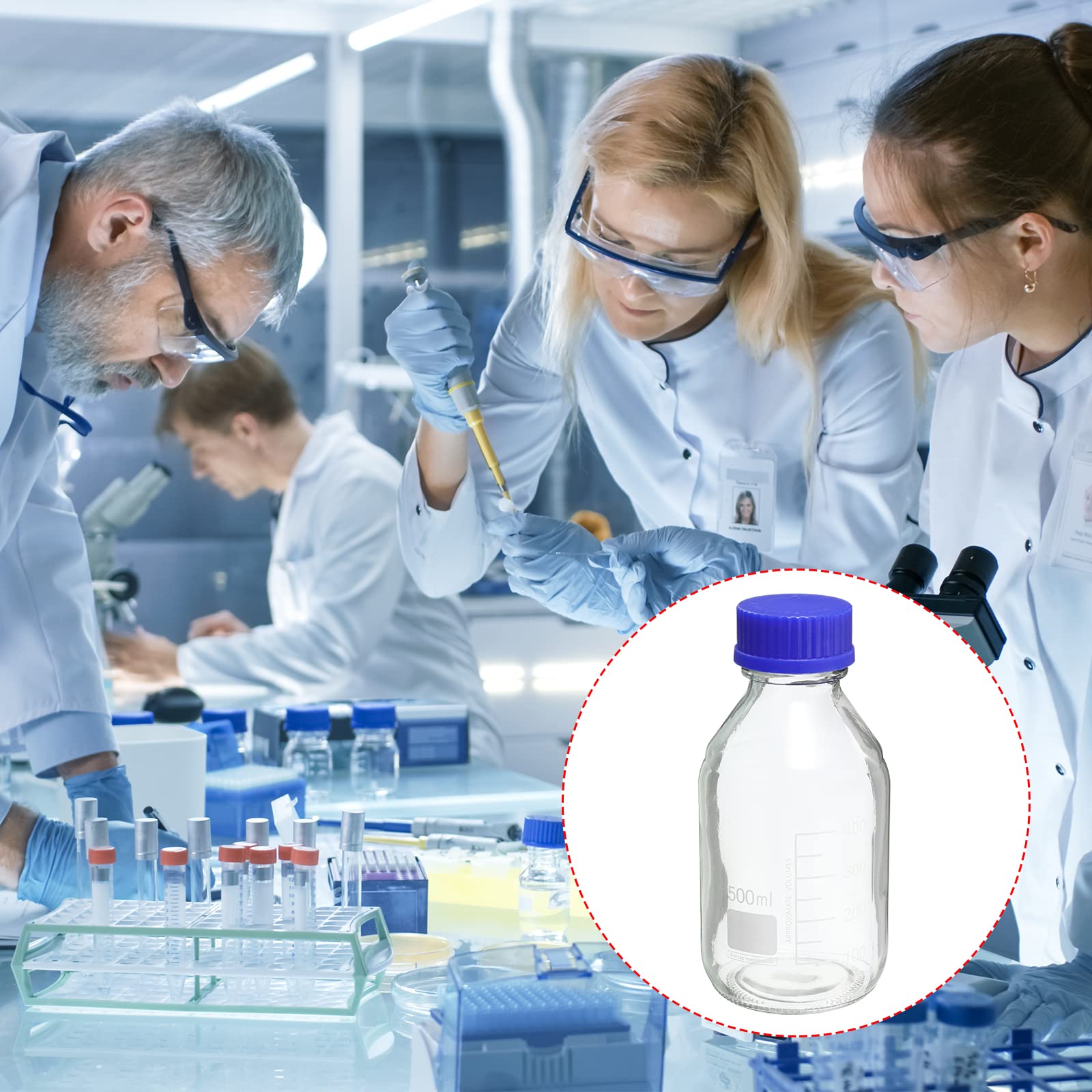 PATIKIL 500mL Reagent Media Bottle, 2Pcs Round Graduated Glass Storage Bottle Blue Screw Cap for Chemistry Lab Universities Home, Clear
