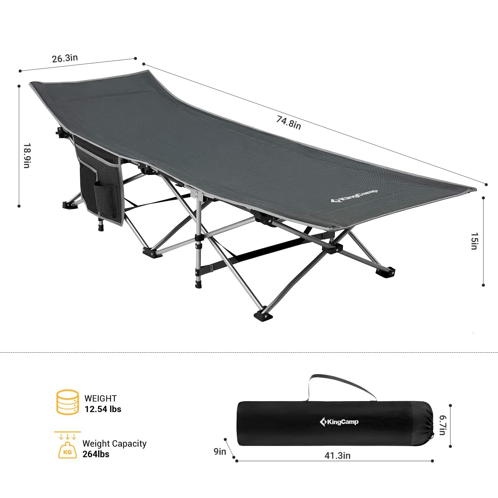 KingCamp Folding Camping Cot Lightweight Sleeping Cot Portable with Carry Bag Double Layer 1000D Sturdy Cot Heavy Duty Camping Bed for Adults Outdoor Travel, Hiking, Office Support 265lbs Gray