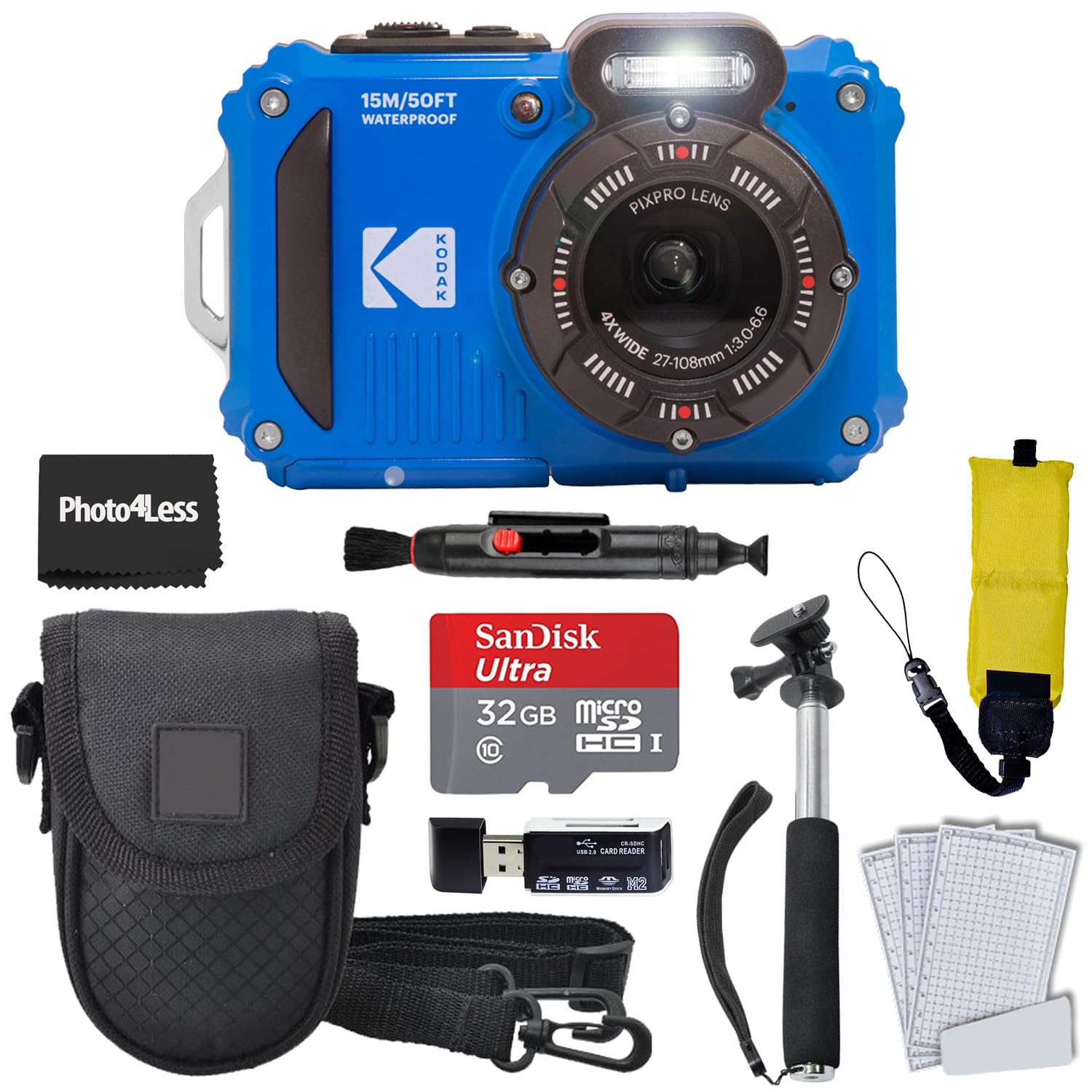 Kodak PIXPRO WPZ2 Rugged Waterproof Shockproof Digital Camera 16MP 4X Optical Zoom 1080P Full HD Video, 2.7" LCD (Blue), 32GB SD Card, Black Compact Camera Case, Floating Strap, Bundle (7 Items)