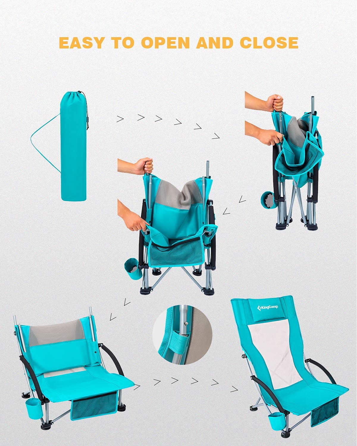 KingCamp High Back Low Seat Folding Beach Chair, Lightweight Backpack Beach Chairs for Adults with Padded Armrest & Cup Holder, Mesh Back Sand Chairs for Beach,Camping,BBQ,Outdoor Travel, Easy Carry