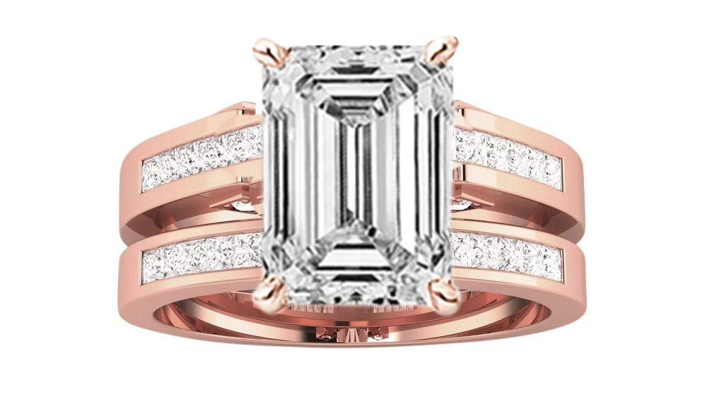Houston Diamond District 1.75 Ctw 14K Rose Gold Channel Set Princess Bridal Set Wedding Band and Matching GIA Certified Emerald Cut Engagement Ring (1 Ct Center D-E Color VS1-VS2 Clarity)