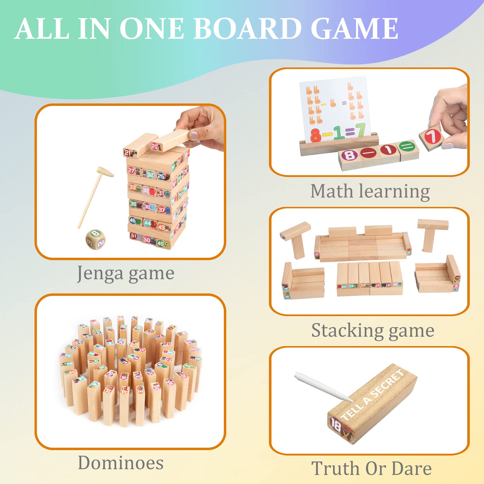 MICKYU 51 Pcs Wooden Blocks Stacking Tumbling Tower Game Kids Learning Math Toys with Dices, Mallet, Number Blocks, Cards, Tray, and Storage Bag