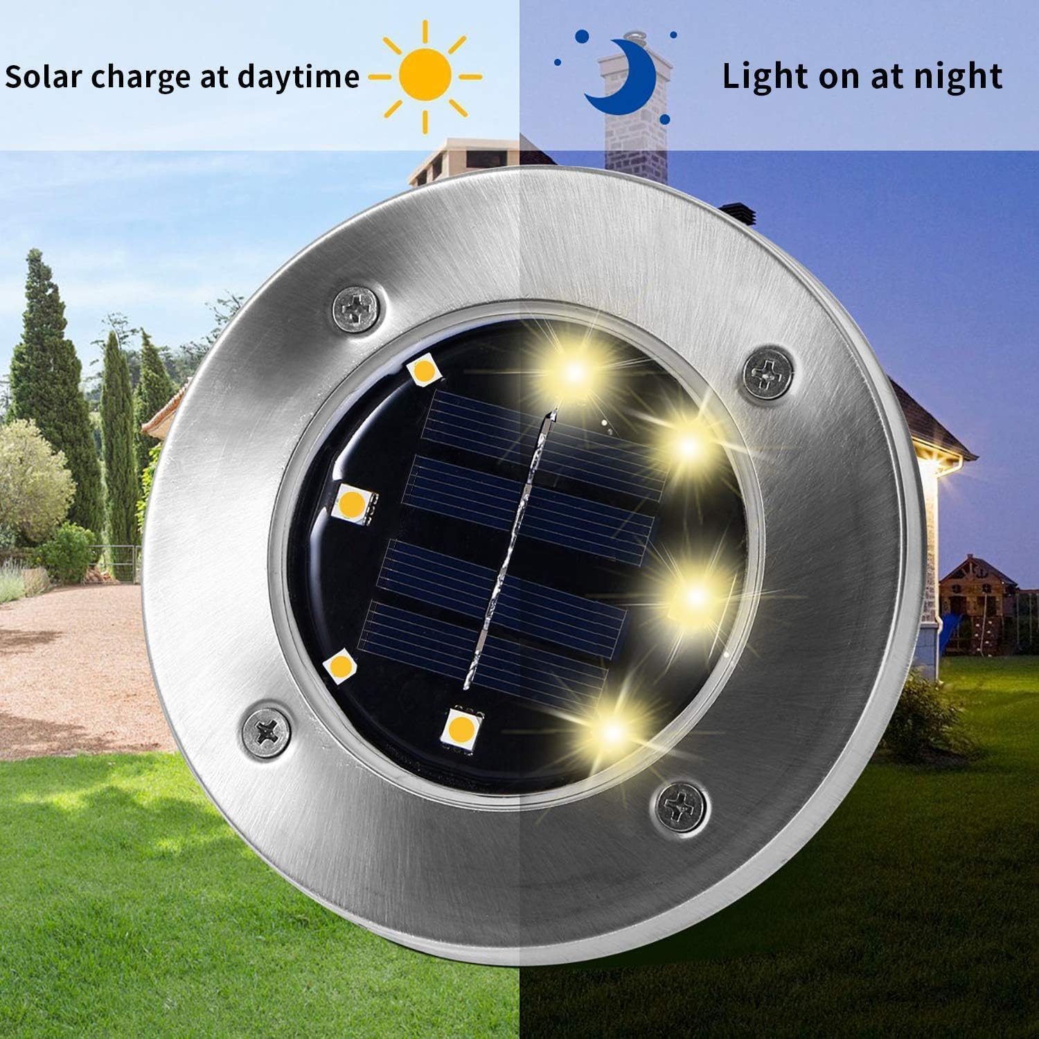 INCX Solar Ground Lights, 8 LED Garden Lights Solar Powered,Disk Lights Waterproof In-Ground Outdoor Landscape Lighting for Patio Pathway Lawn Yard Deck Driveway Walkway,Warm White 8 Packs