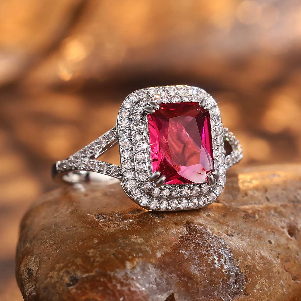 LRESJJIUJ Silver Plating Forge Cubic Zirconia Emerald Cut Ruby Women's Ring Size 6-10 Engagement Ring Anniversary or Lady Bride Jewelry Exquisite Ring Square Princess Ring