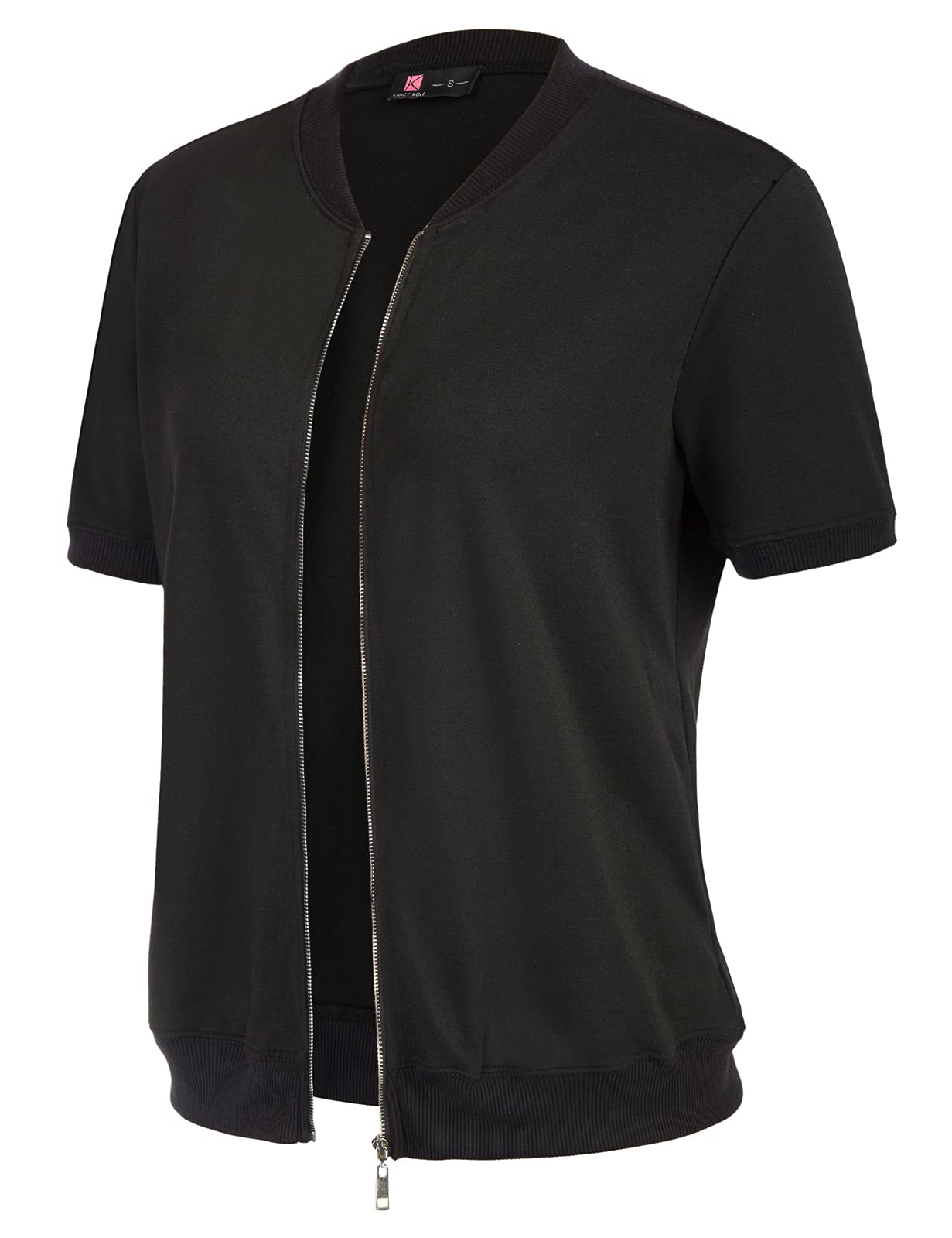 KANCY KOLE Sweatshirt for Women Zip Up Pullover Shirt Lightweight Short Sleeve Jackets with Pockets(XL,Black)