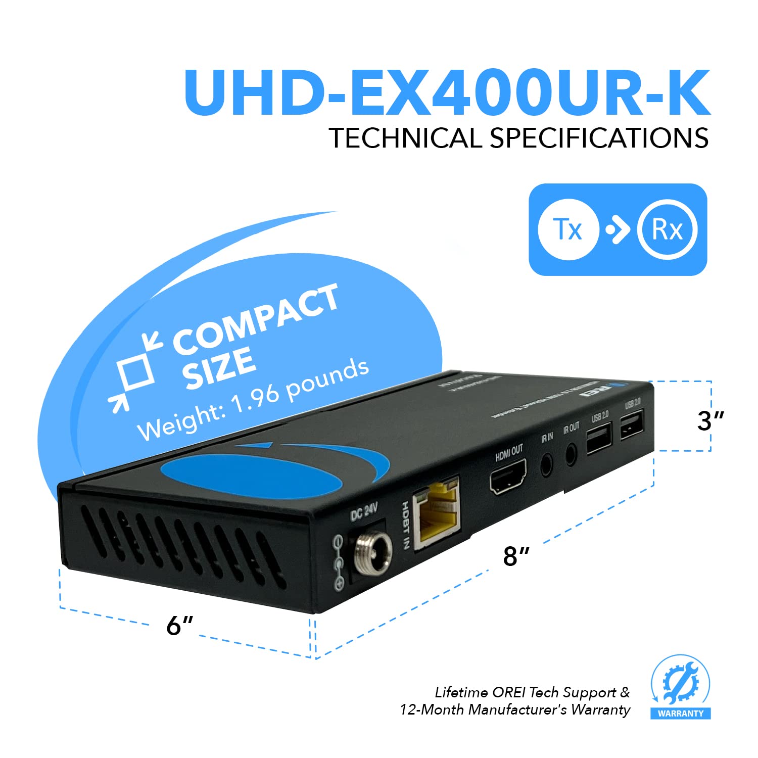 OREI 4K USB 2.0 HDMI Extender Over LAN HDBaseT PoC Single CAT5e/CAT6A/CAT7 Cable 4K @ 60Hz - Up to 400 Ft 4:4:4 - KVM Webcam Remote Keyboard Mouse USB Control - Digital Full HD (4K USB 2.0)