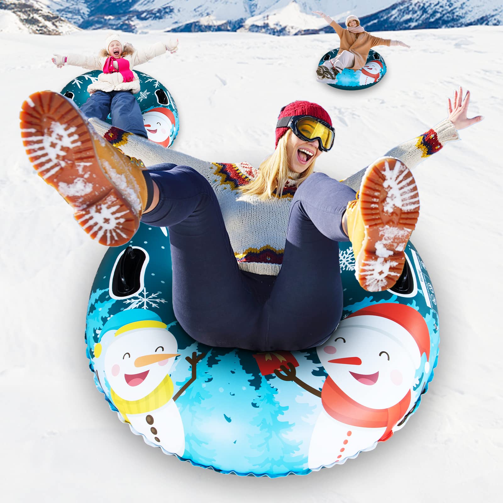 Josen Snow Tubes, Large Inflatable Snow Sleds Heavy Duty Sledding Snowboard with Sturdy Handles for Winter Outdoor Fun
